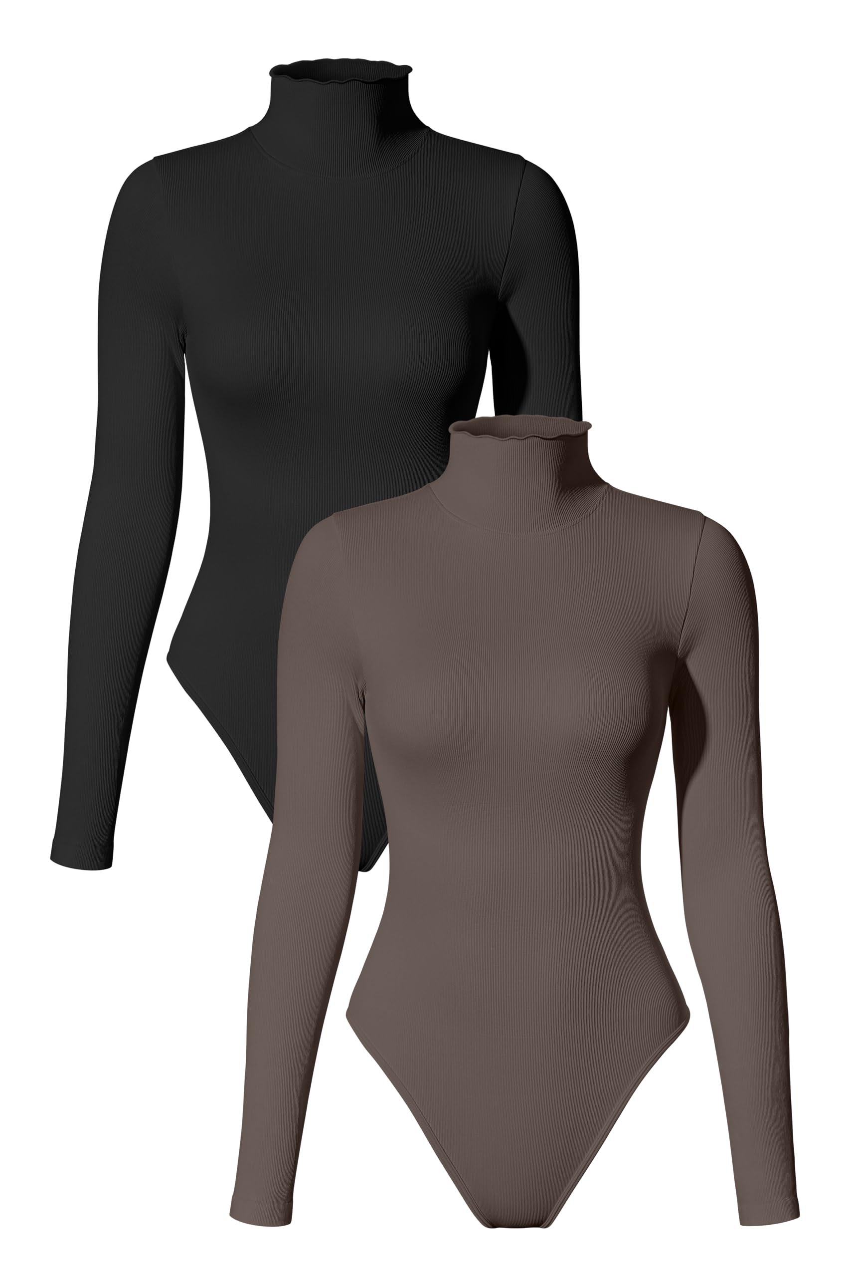 TOB Women's 2 Piece Bodysuits Sexy Ribbed Long Sleeve High Neck Tops ...