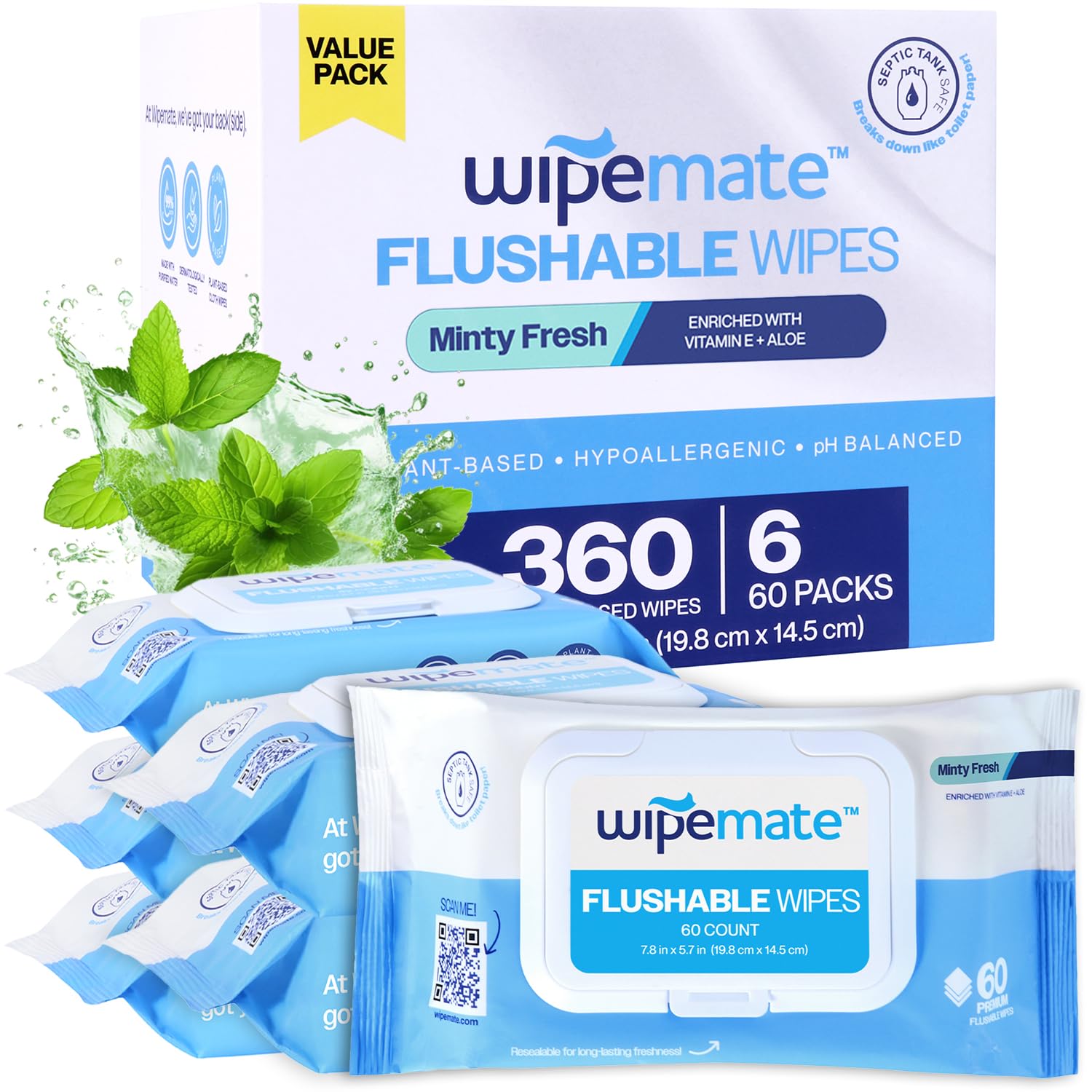 Wipemate ULTRA Flushable Butt Wipes, Soothing Vitamin E & Aloe,99% ...