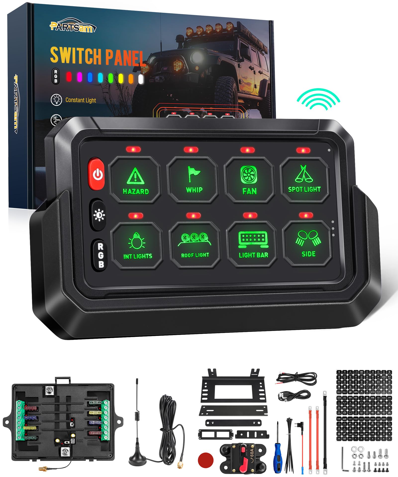 Partsam 265 Ft Wireless RGB 8 Gang Switch Panel Universal Circuit ...
