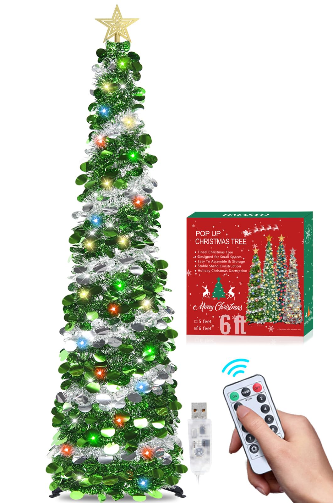 HMASYO 6 FT Pop Up Tinsel Christmas Tree with 100 Colored Timer Lights ...
