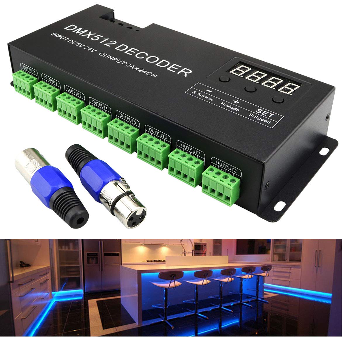 AZIMOM 24 Channel DMX Decoder Controller with Digital Display DC5V-24V 3A/CH RGB DMX512 led ...