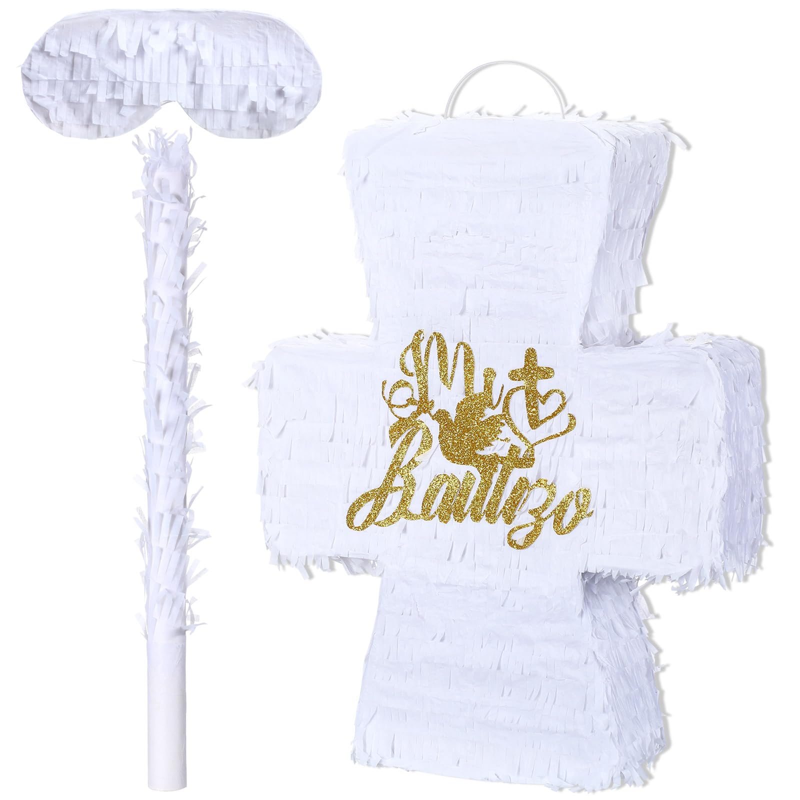RoundFunny Baptism White Cross Piñatas with Stick and Blindfold Mi ...