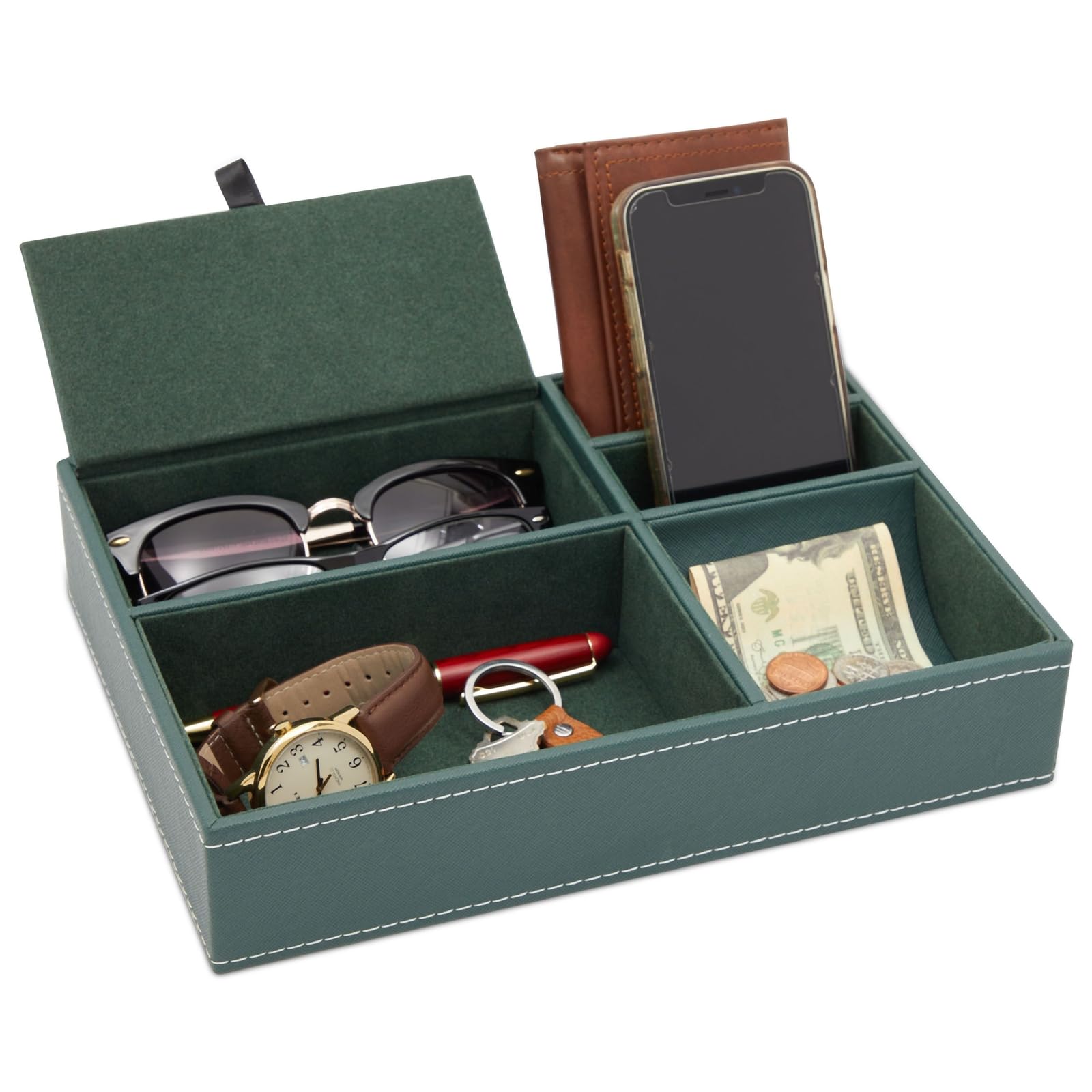 Juvale 5 Compartment Emerald Green Leather Valet Tray for Wallet, Keys ...