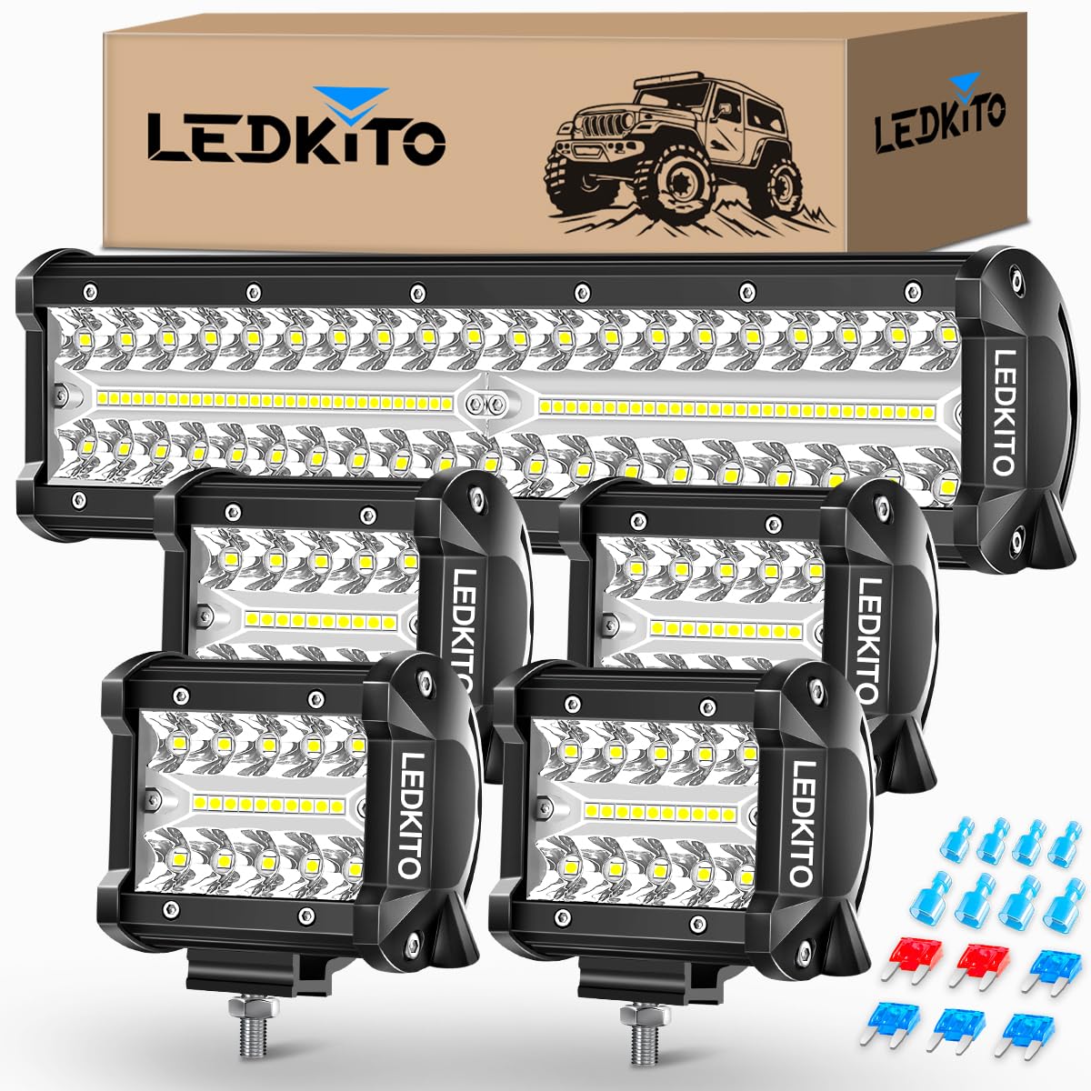 LEDKITO 12 Inch LED Light Bar and 4PCS 4 Inch LED Pod Lights Off Road ...