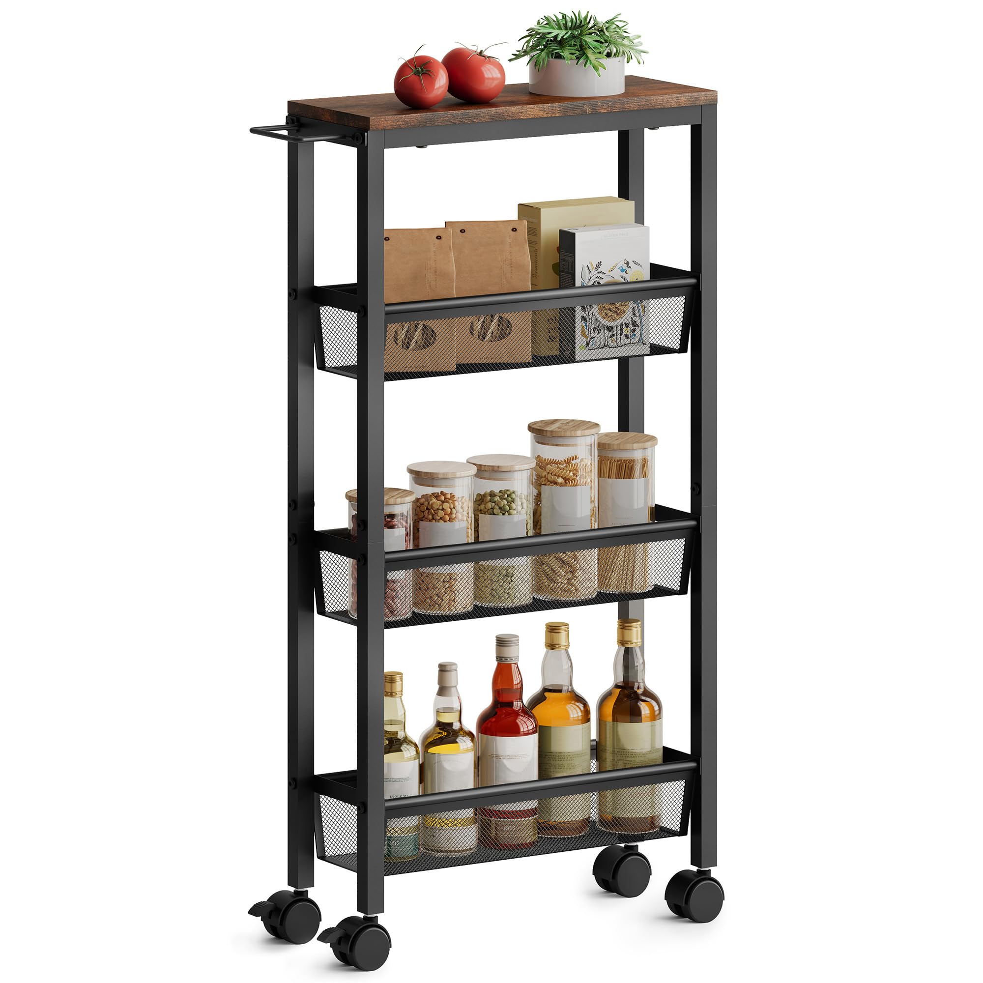 Hoctieon Slim Rolling Storage Cart, 4-Tier Narrow Kitchen Storage Cart ...