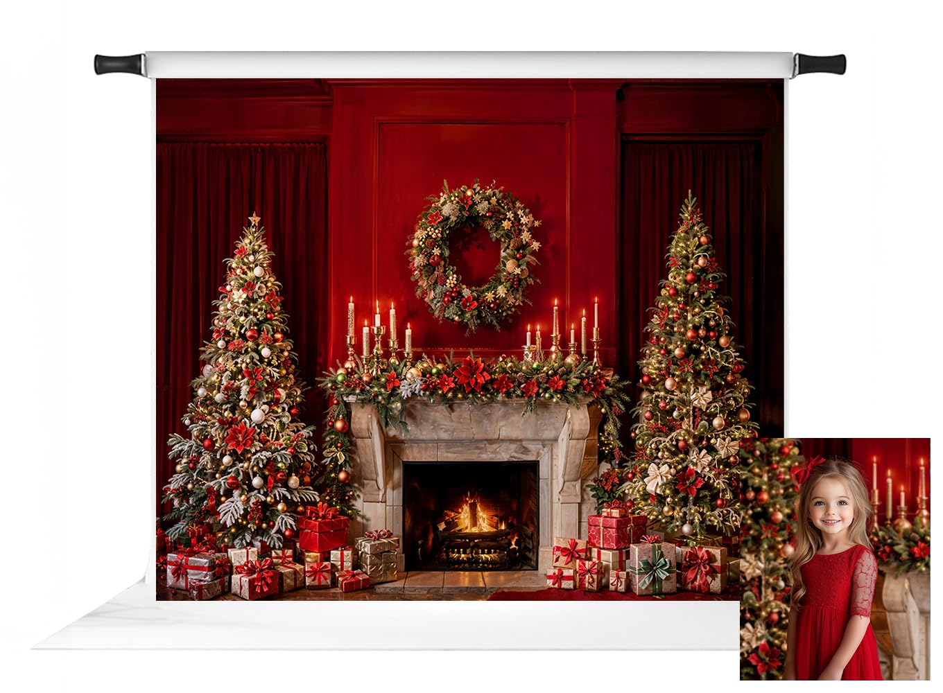 Kate Christmas Fireplace Photo Backdrop Indoor Retro Brown Background Red Wall Christmas Trees ...