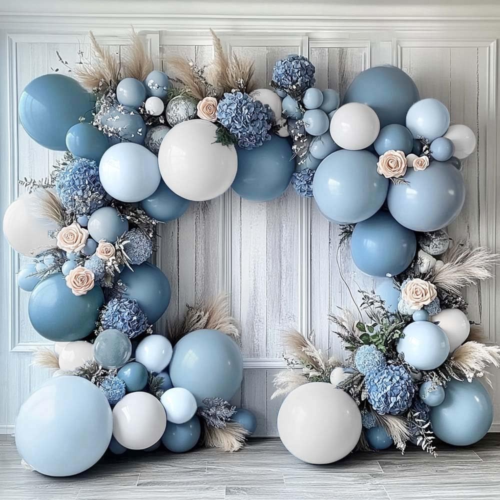 Dusty Blue White Balloon Arch - Double Stuffed Pastel Slate Baby Blue Matte White Latex Balloon ...