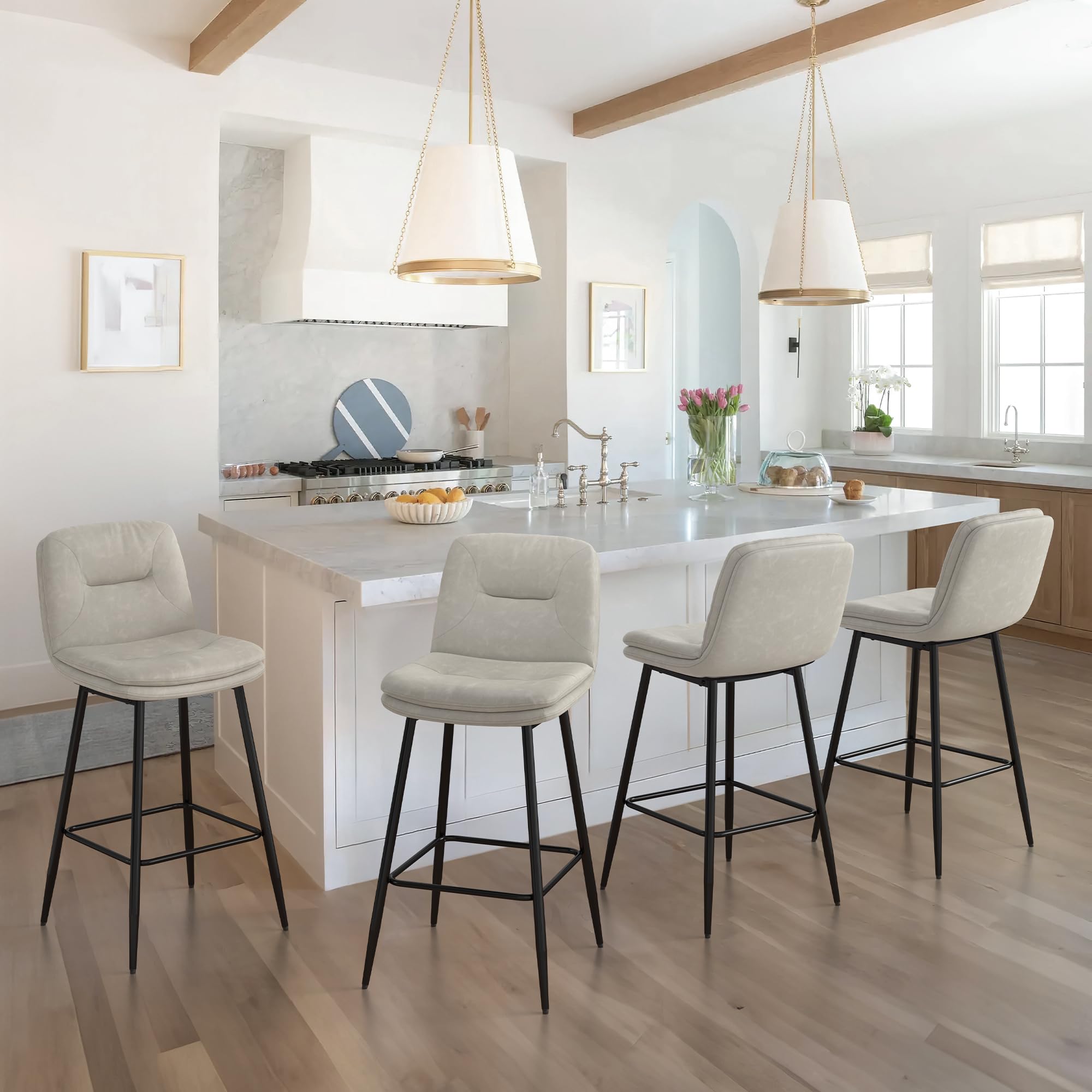 Cozyman 26 Inch Bar Stools Set of 4, Double-Layer Upholstered Counter ...