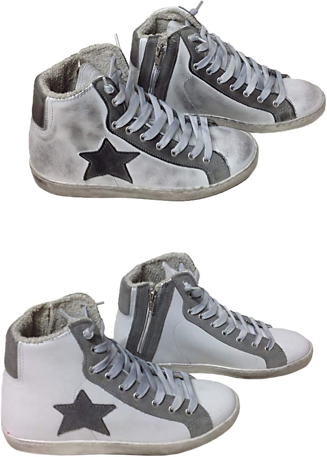 VIA CONDOTTI Hohe Sneakers Herren Leder weiß grau zweifarbig Stern ...