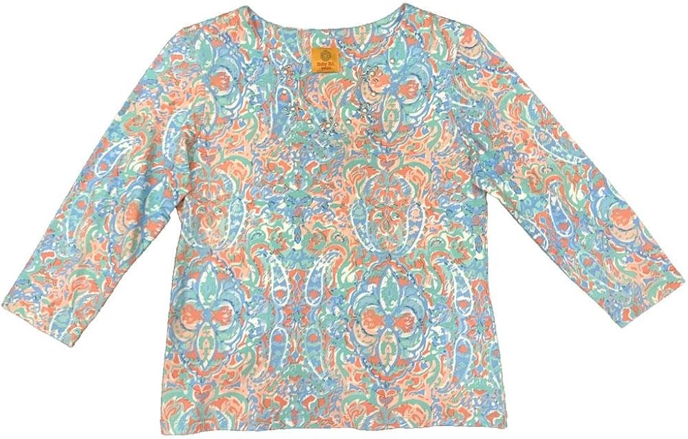 Amazon.com: Ruby Rd. Women's Size 3/4 Sleeve Keyhole-Neck Printed ...
