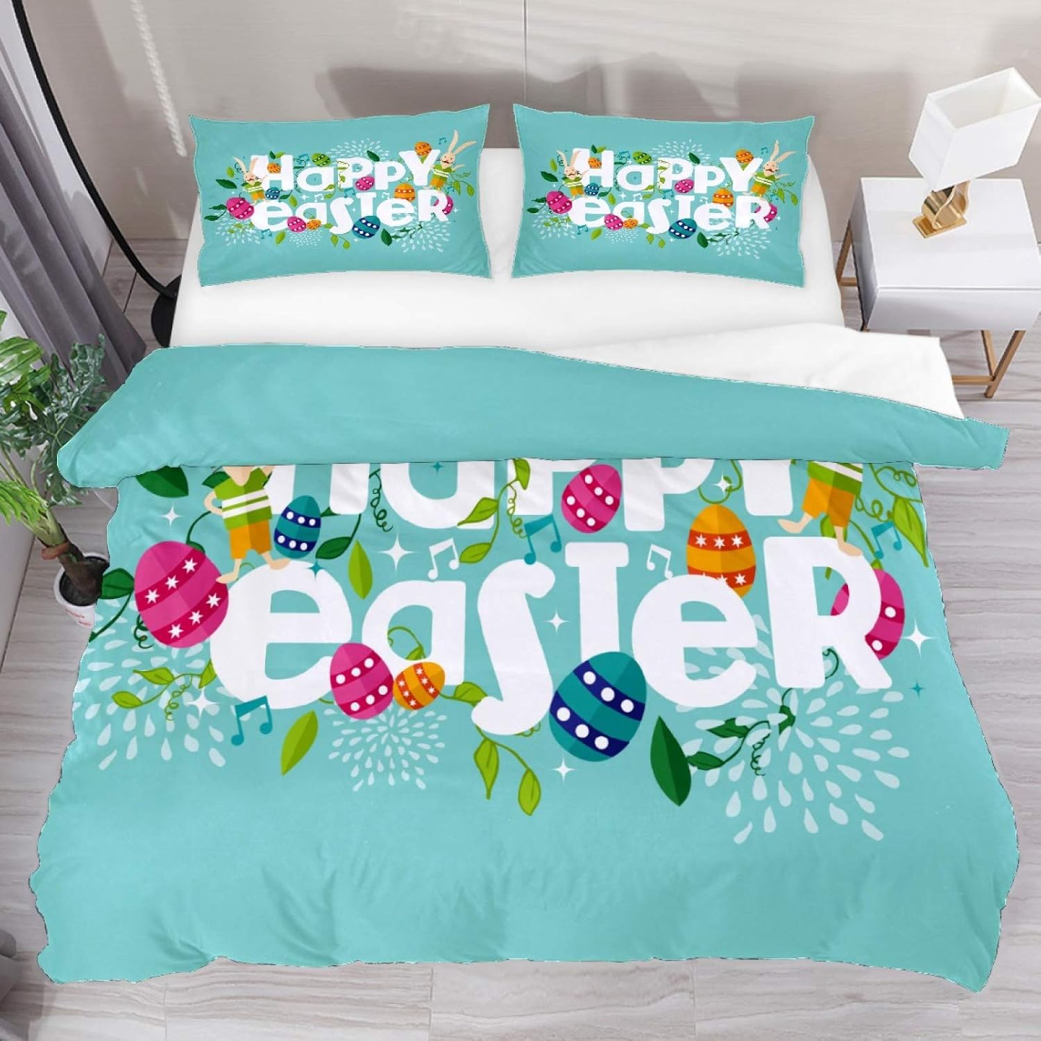 Duvet Cover Set, King Bedding Set 3 Pieces, Colorful Eggs Rabbot Happy ...
