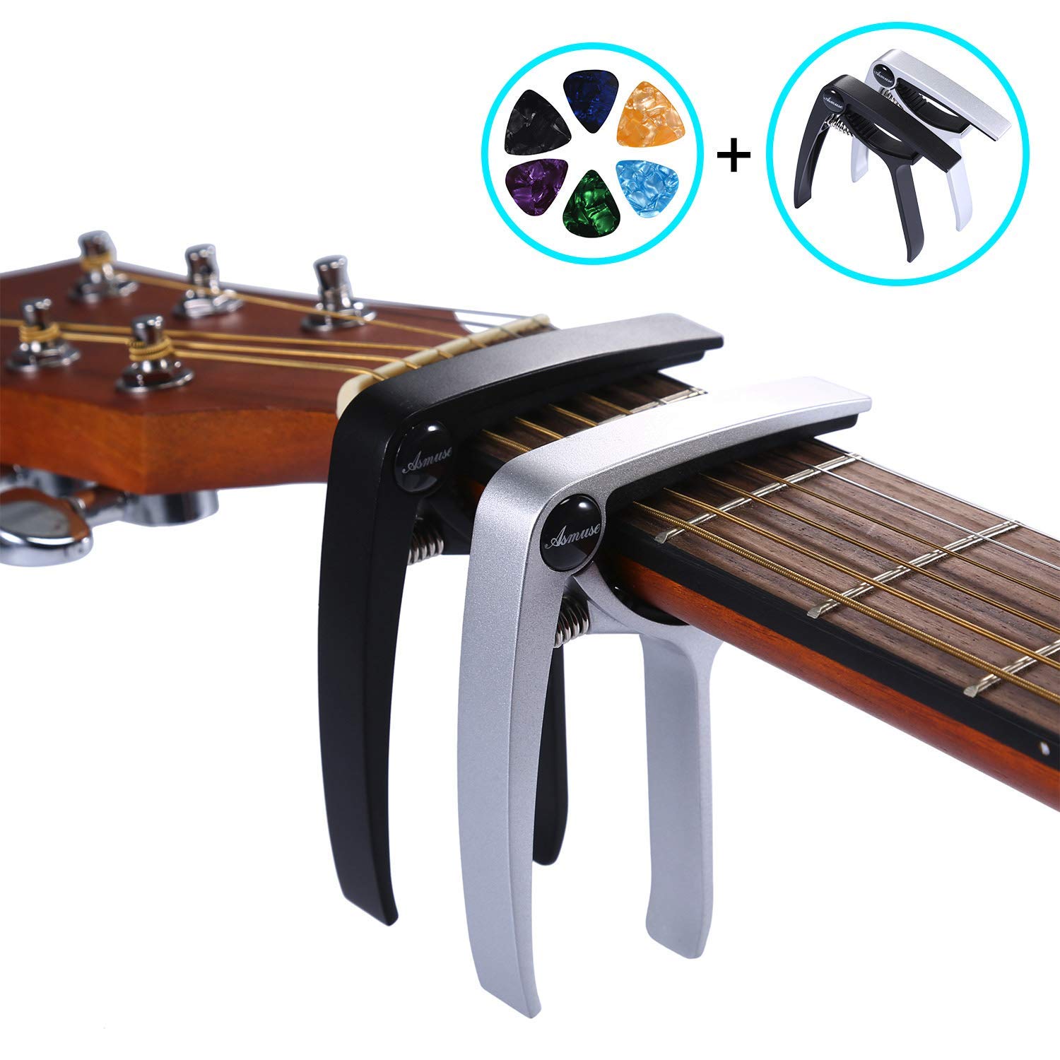 Asmuse Guitar Capo Trigger 2 Pack with 6 pcs Guitar Picks Single Hand ...