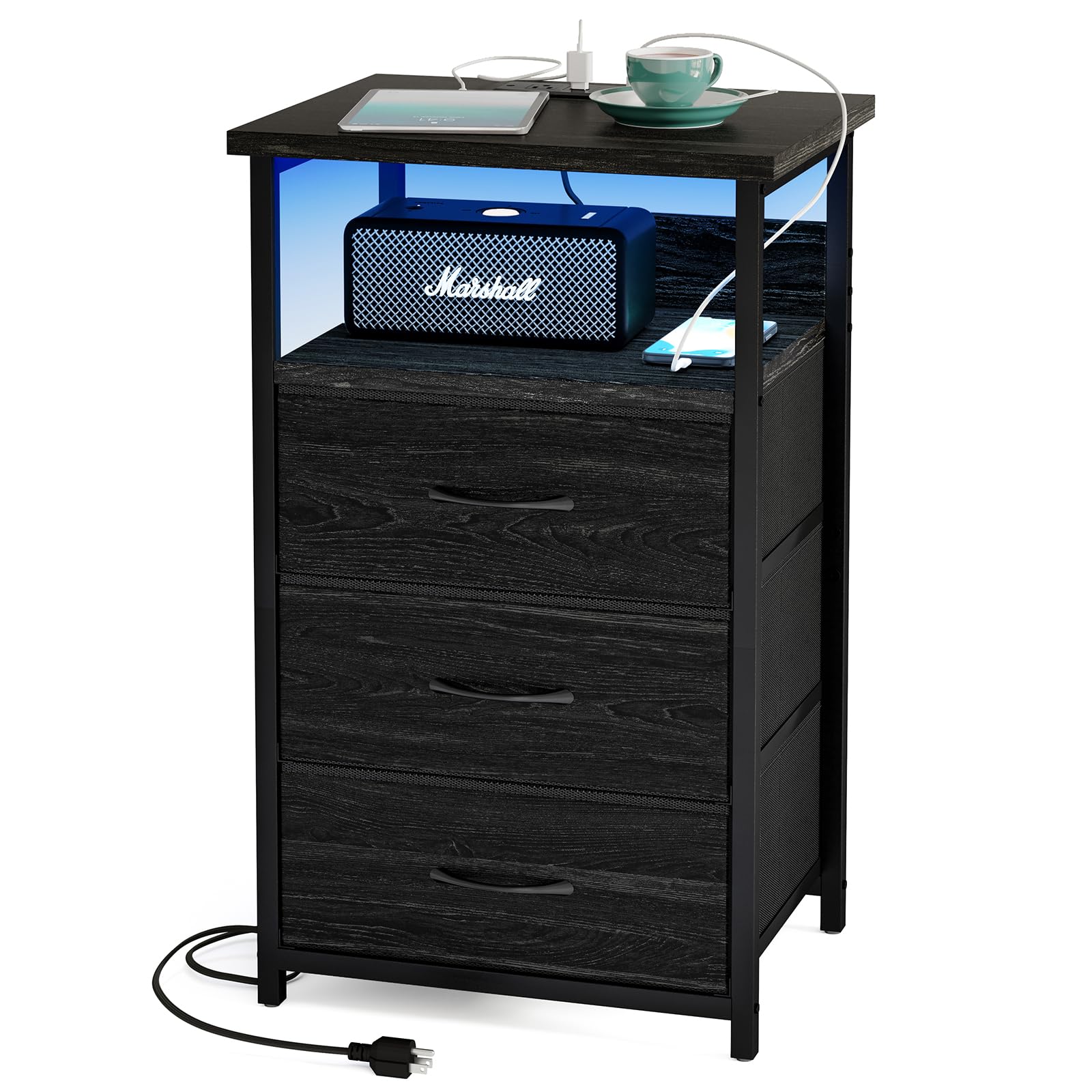 Fixwal Night Stand with Charging Station, LED Nightstand with Fabric ...