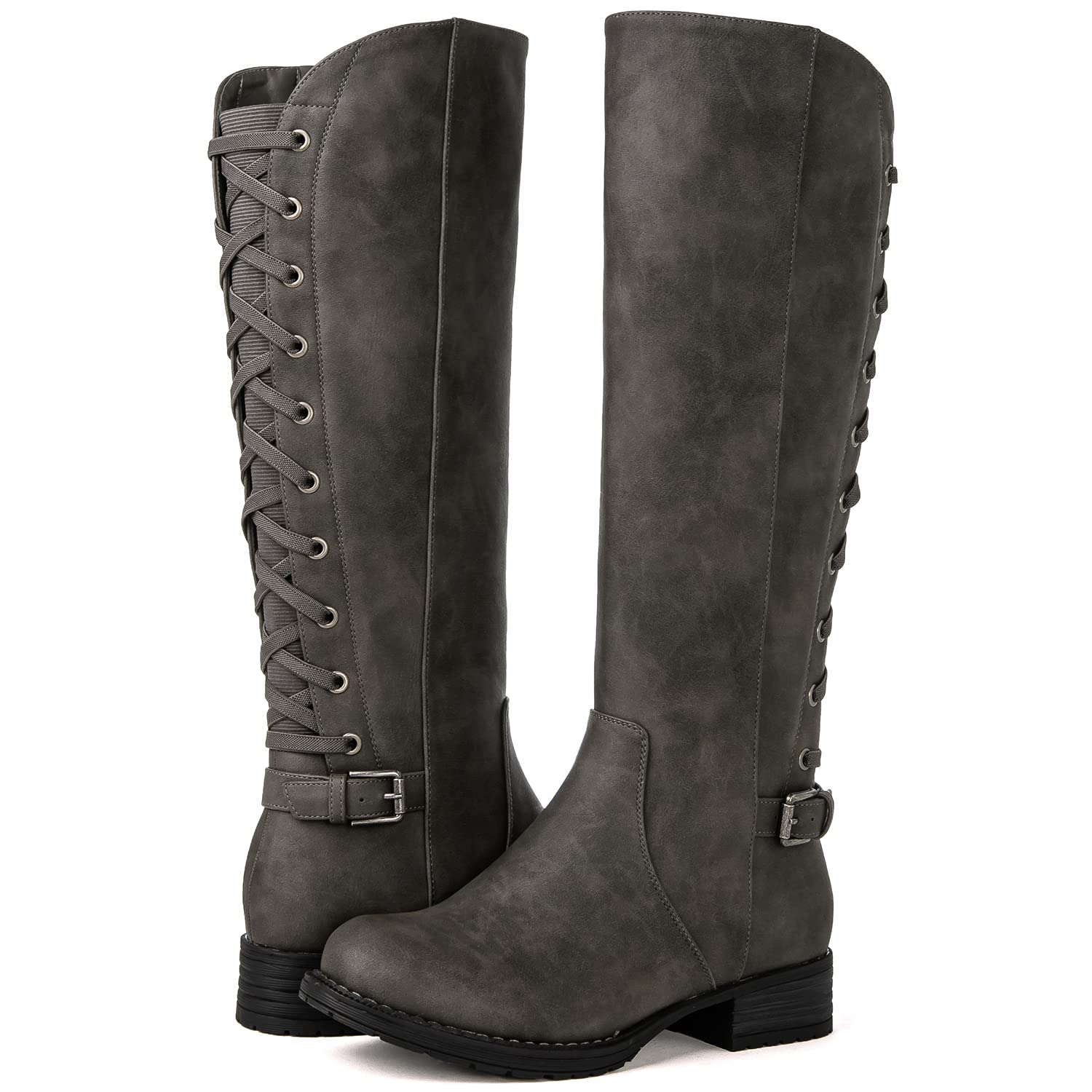 GLOBALWIN Women's Grey Knee High Motorcylce Boots Strappy Boots For ...