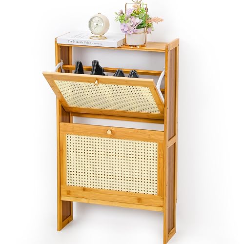 Beeveer Natural Rattan Shoe Cabinet with Flip Drawers Rattan Shoe ...