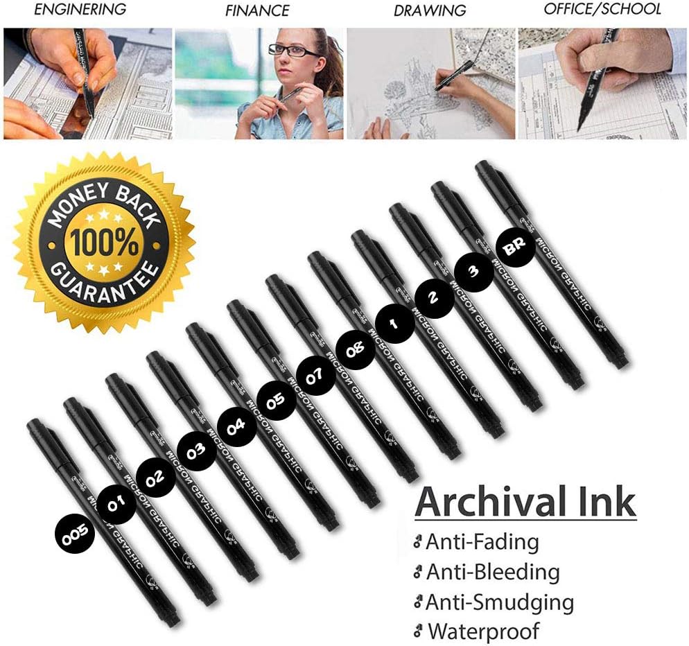 12 Size Black Calligraphy Brush Pen Fineliner Micro-Line Pens for ...