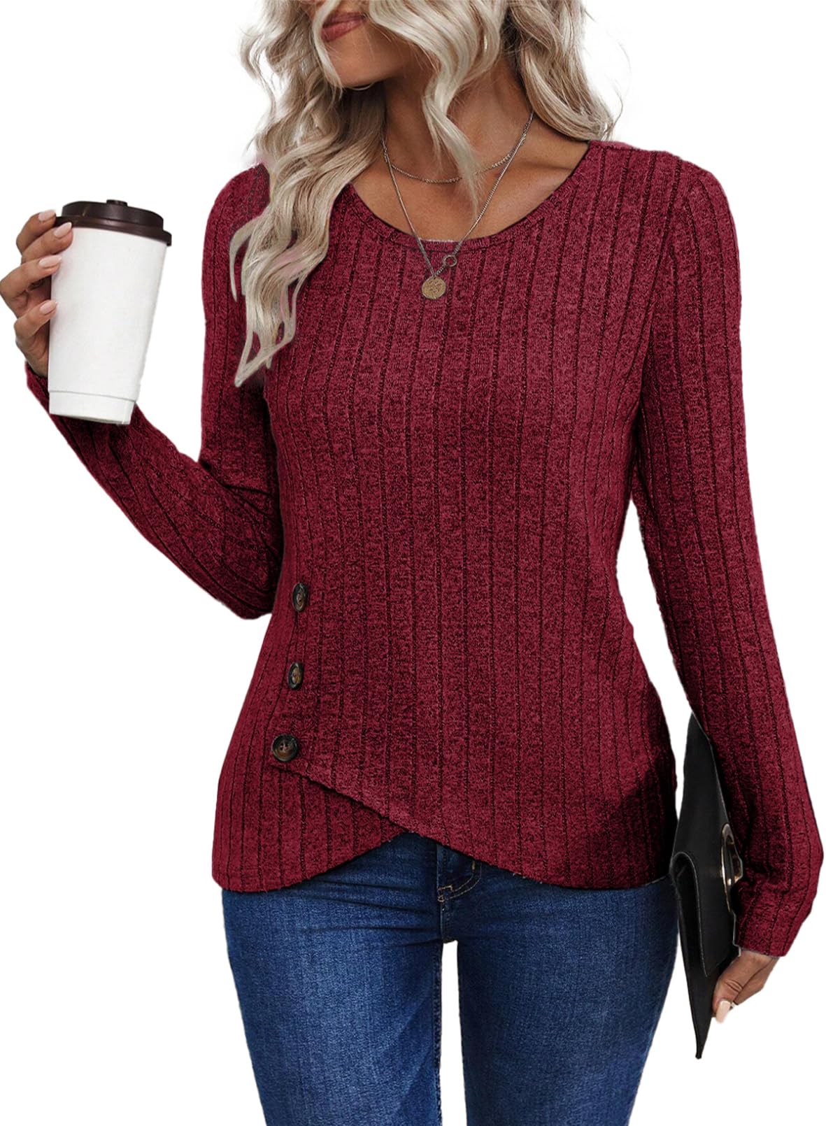 EVALESS Fall Long Sleeve Ribbed Tops for Women 2024 Trendy Casual Crewneck Button Tee Shirts ...