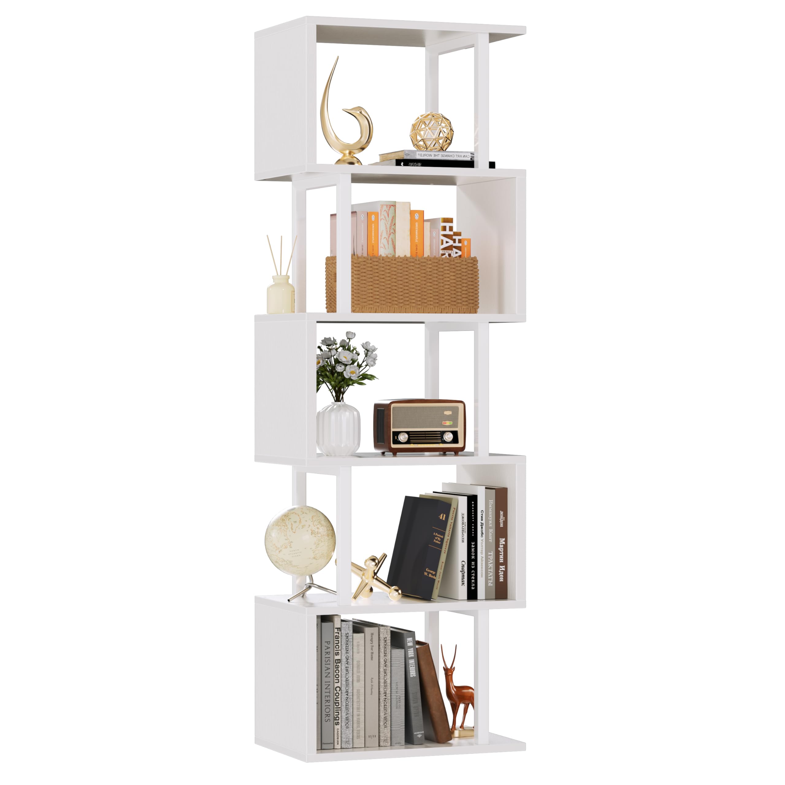 Furologee White Geometric Bookshelf 6 Tier S-Shaped Bookcase, Tall ...
