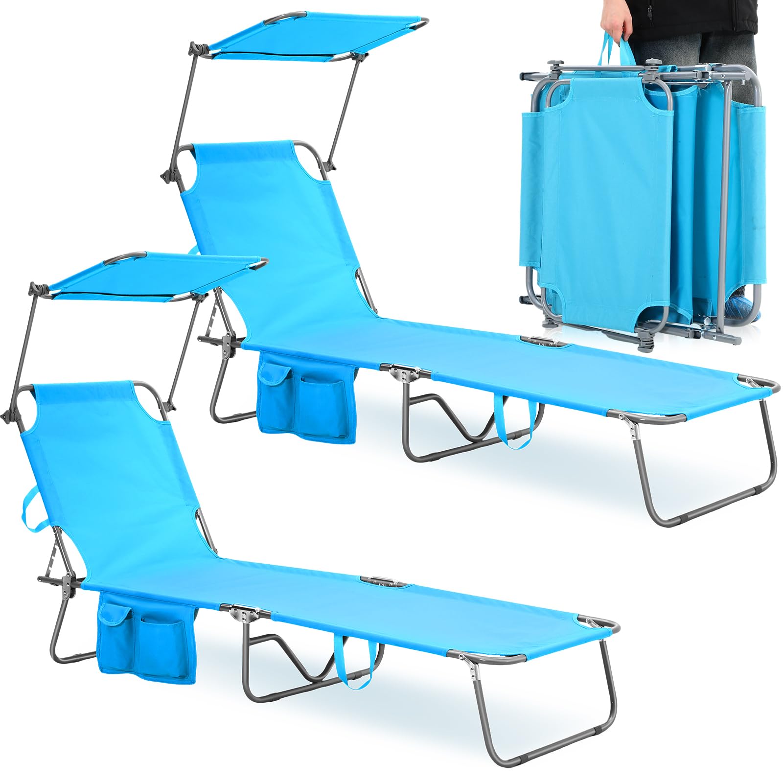 Wenqik 2 Pcs Foldable Beach Lounge Chair with 360° Canopy Sun Shade ...