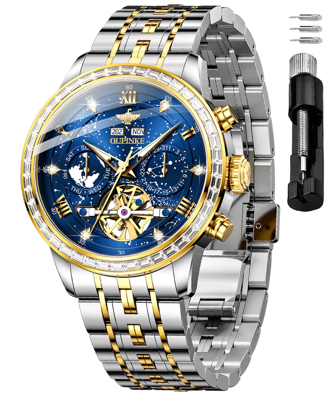 OUPINKE Mens Automatic Watches Diamond Self Winding Mechanical Gold ...