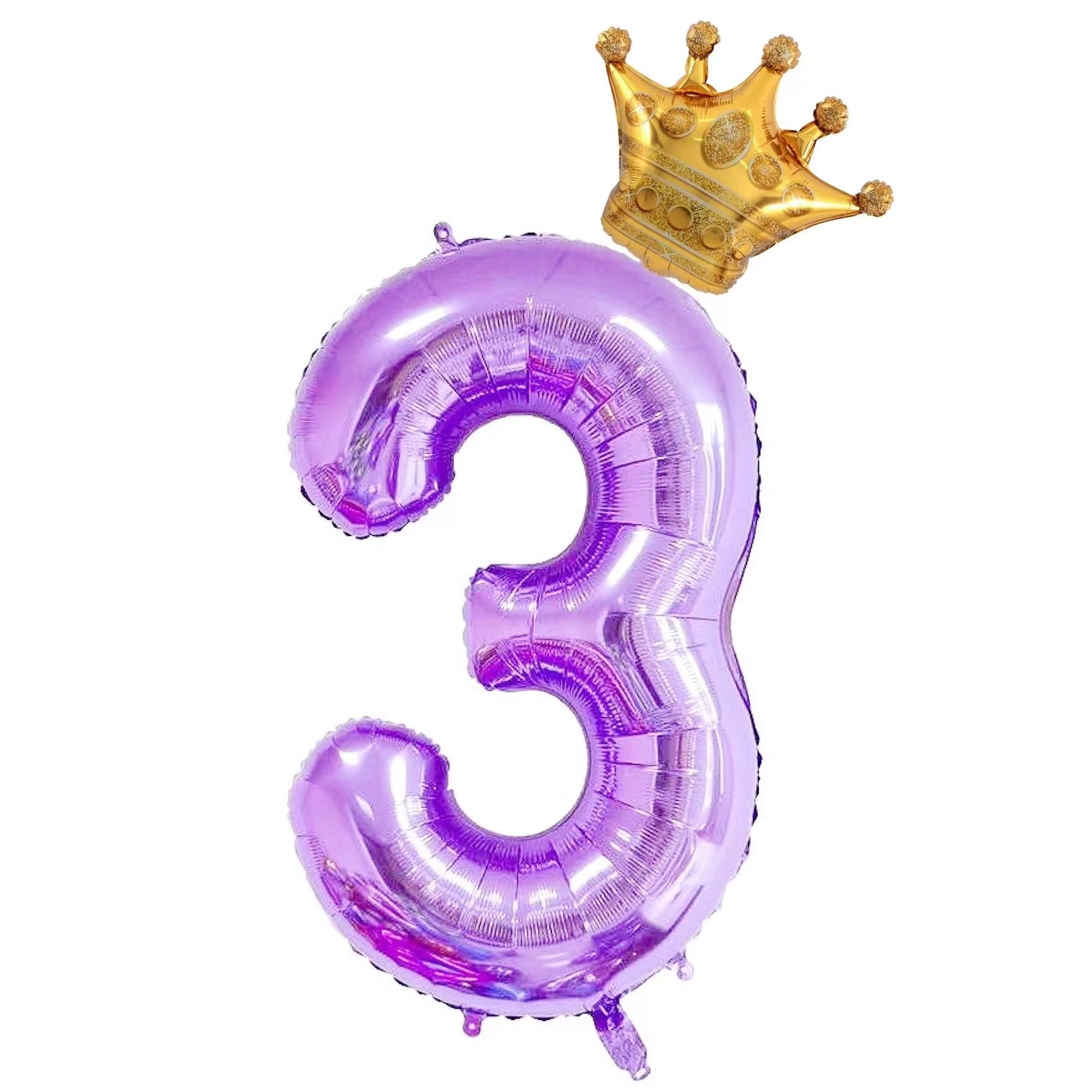 40Inch Purple Number 3 Crown Balloons Set, 3rd Birthday Balloons for ...