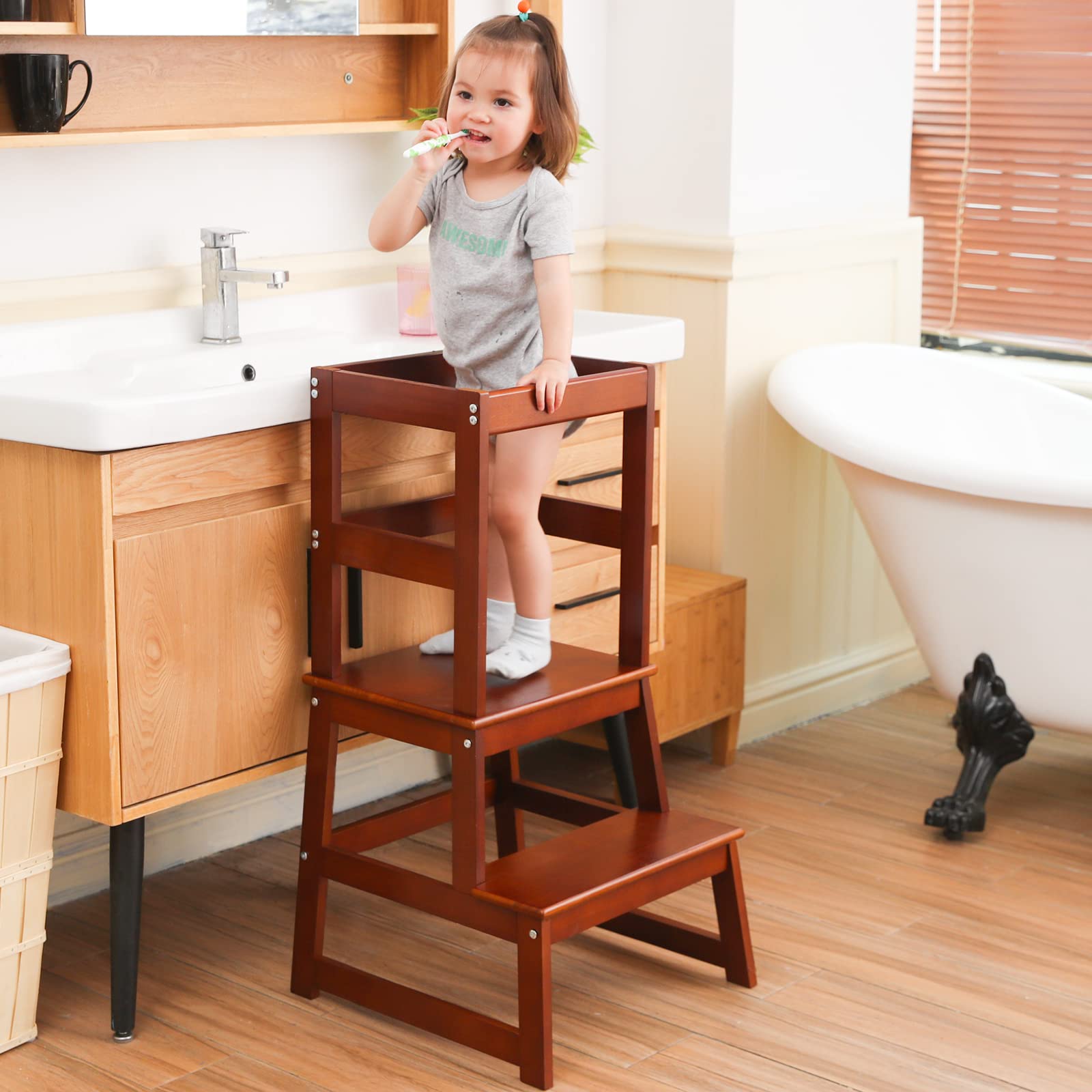 Kids Kitchen Step Stool for Kids with Safety Rail,Solid Wood ...