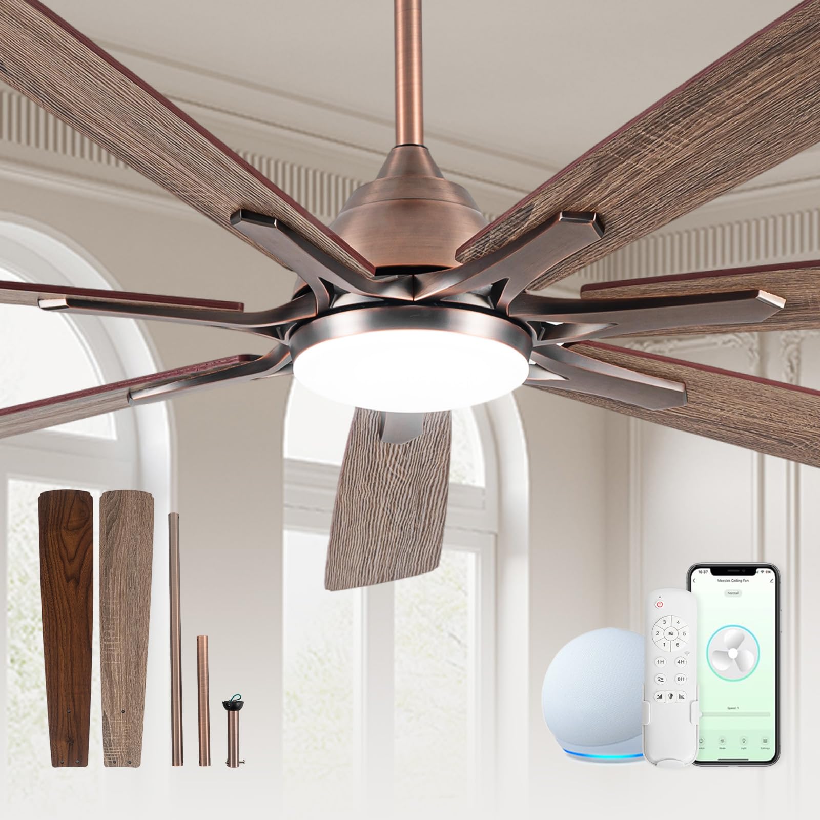 Maxslak 72" Brown Smart Ceiling Fan with Light Remote Control via WiFi ...