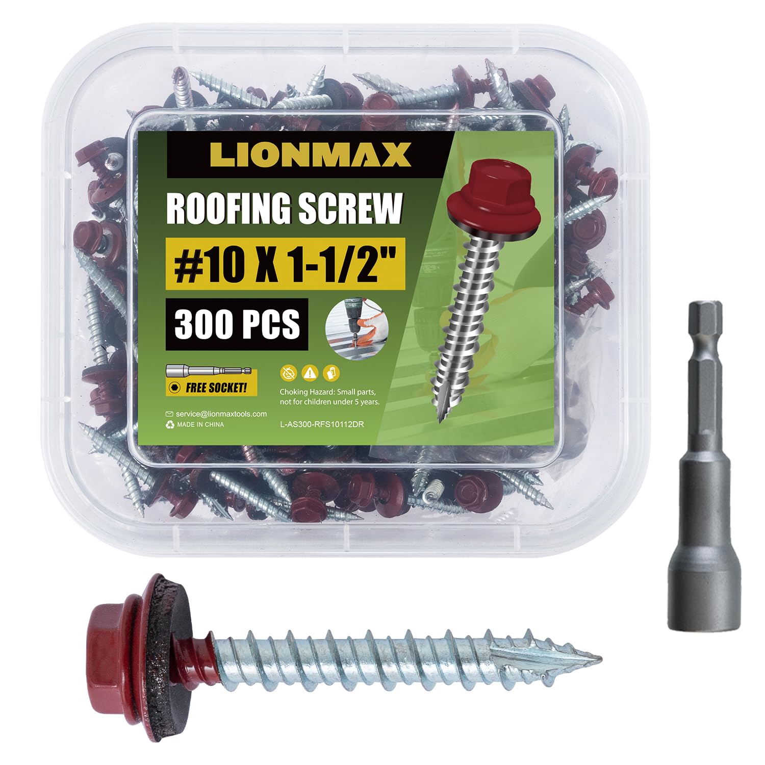 LIONMAX Metal Roofing Screws #10 × 1-1/2 Inch, 300-PCS, Dark Red Painted Hex Head Sheet Metal ...
