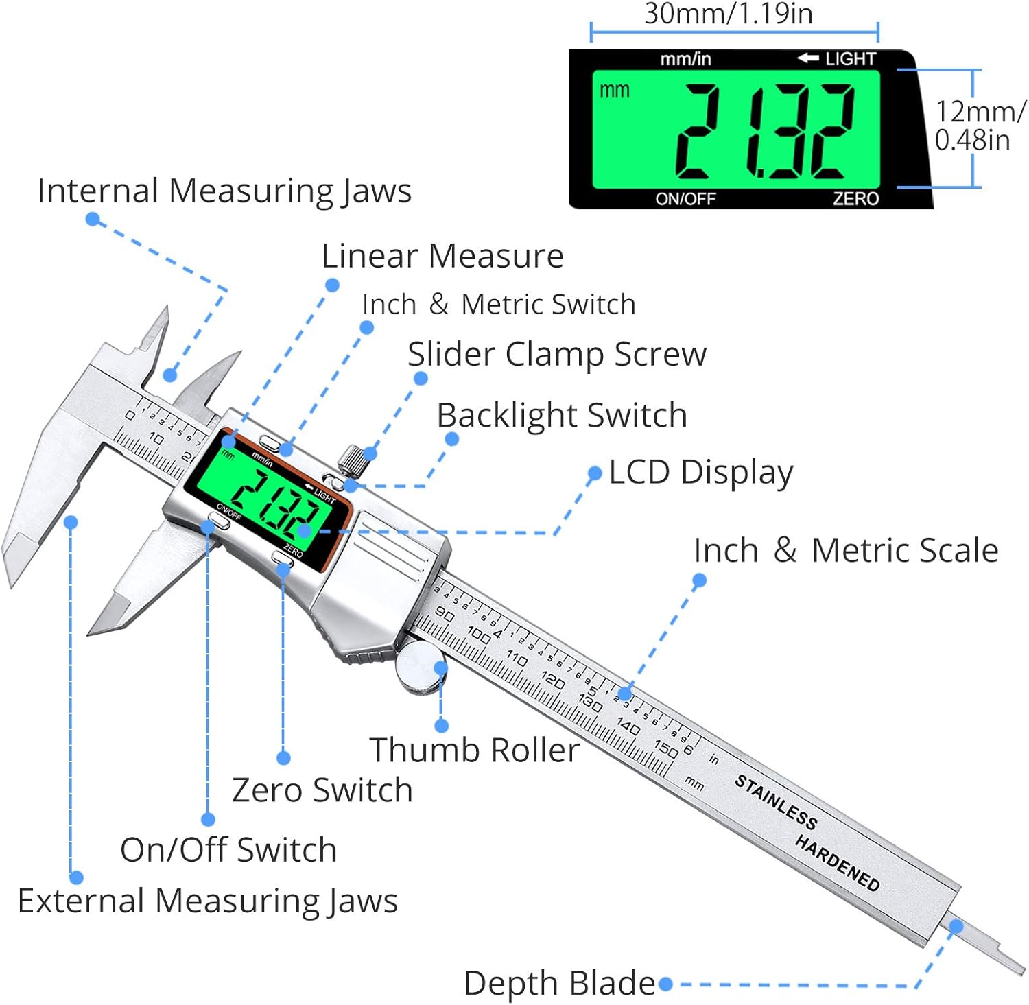 eSynic Backlight 150mm Digital Vernier Caliper 6 Inch Stainless Steel ...