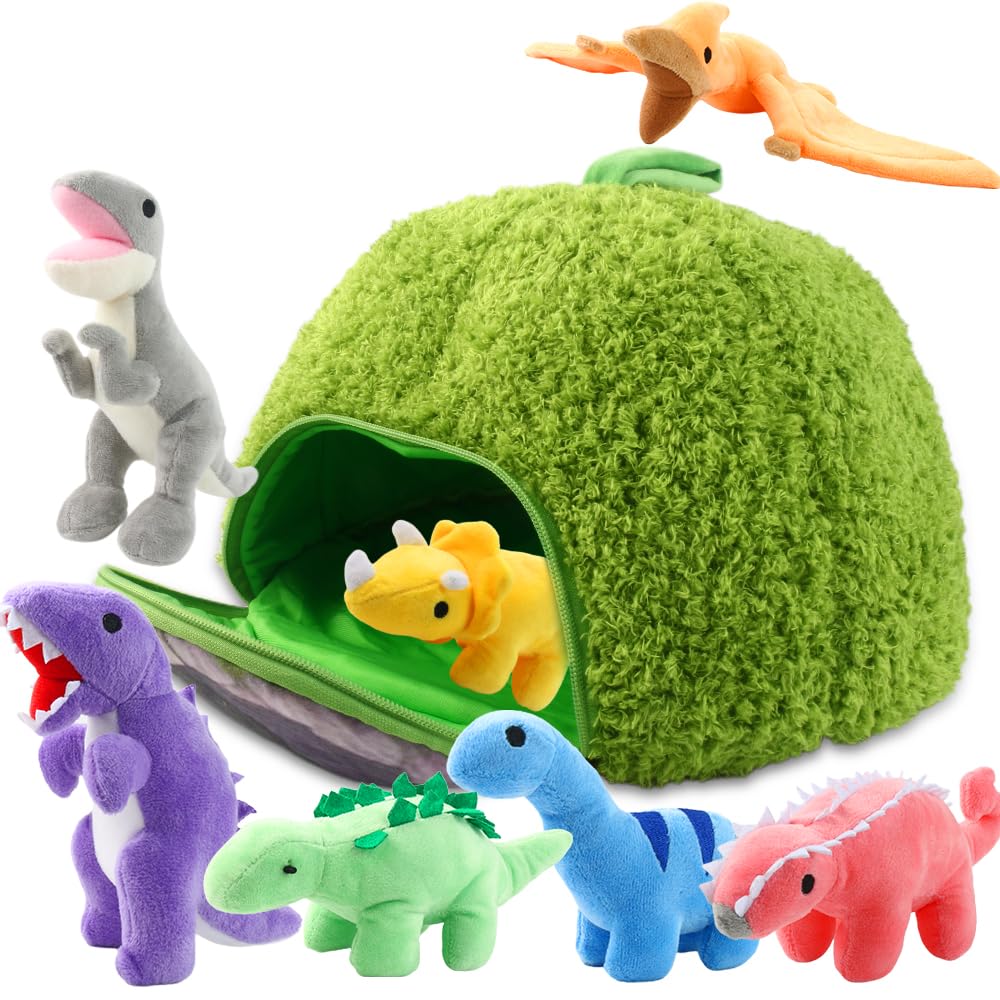 Dinosaur Stuffed Animal Set Big Green Cave with 7 Baby Dinosaurs Inside ...