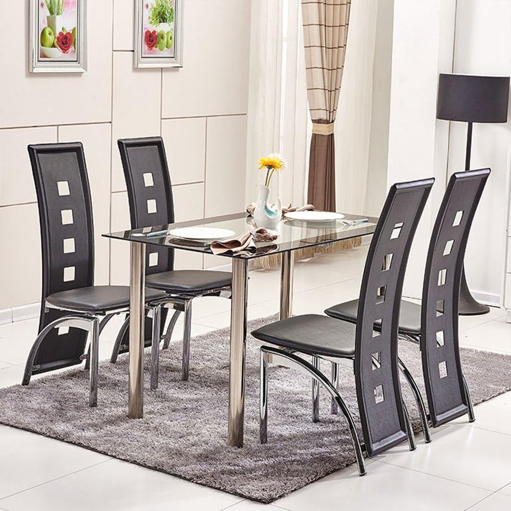 4 chaises de salle à manger en simili-cuir avec table en verre trempé ...