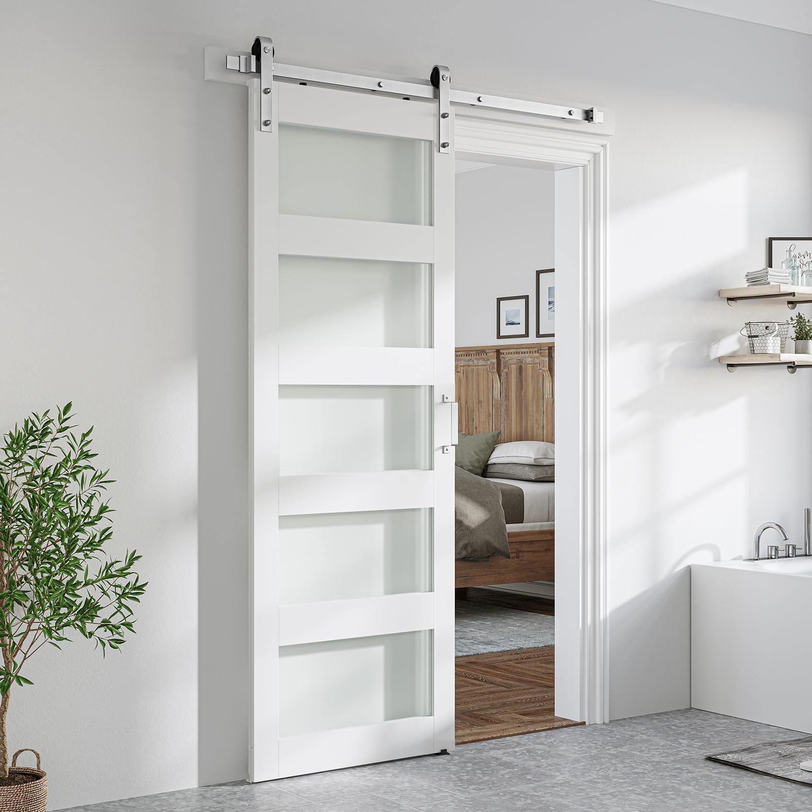 SmartStandard 30 x 84 inch Glass Barn Door with 5FT Brushed Nickel ...