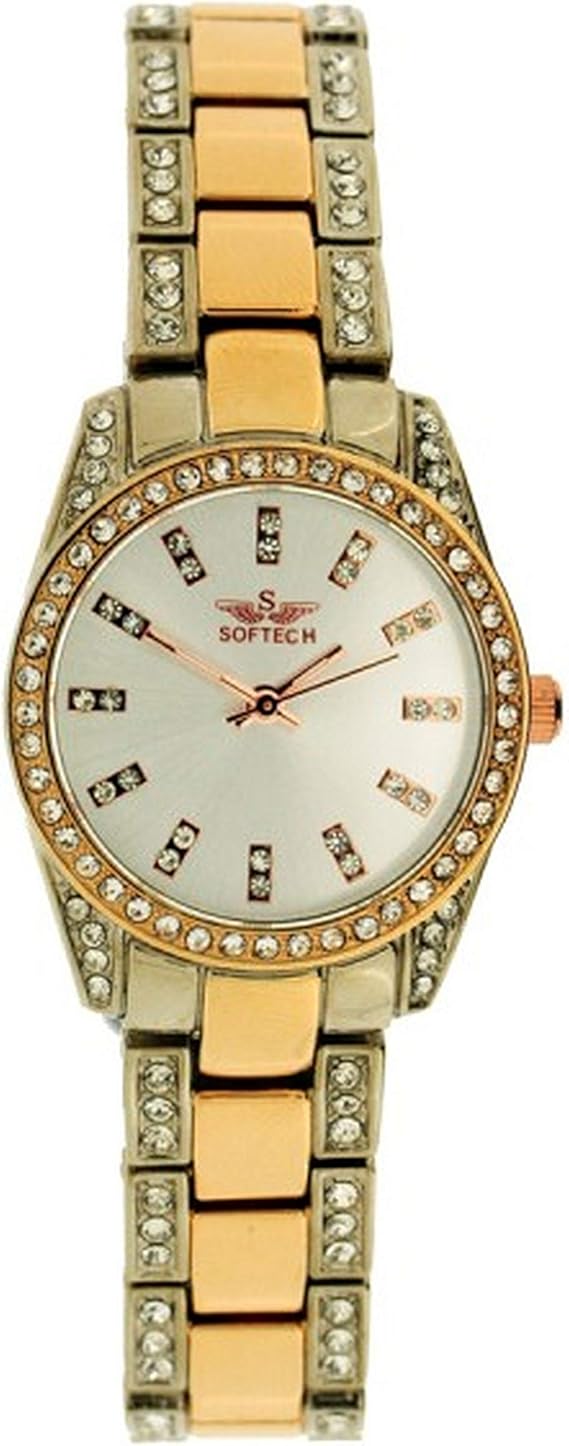 Softech Two Tone Diamante Face Chrome Rose Analog Wrist Watch Quartz ...
