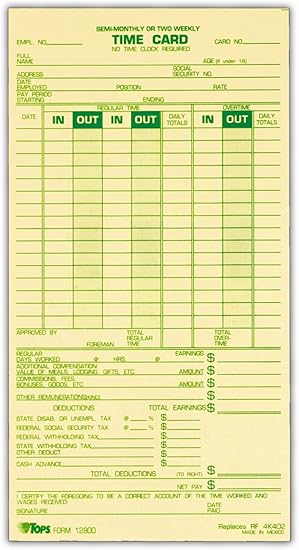 Amazon.com : TOPS Time Cards, 4.25 x 8 Inch, Green Ink Front, Semi ...