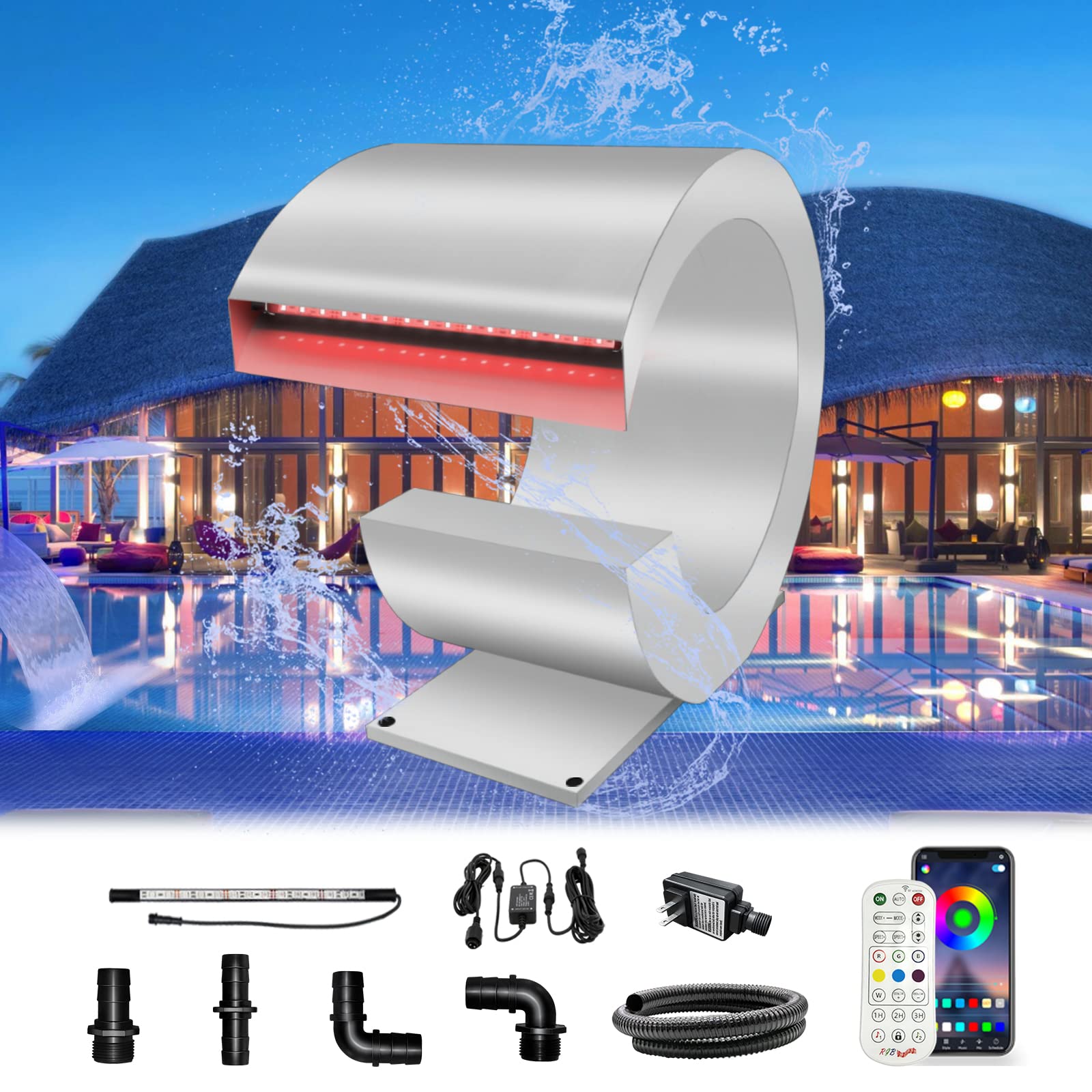 LONGRUN J-Shaped Waterfall Spillway Stainless Steel Swimming Pool ...