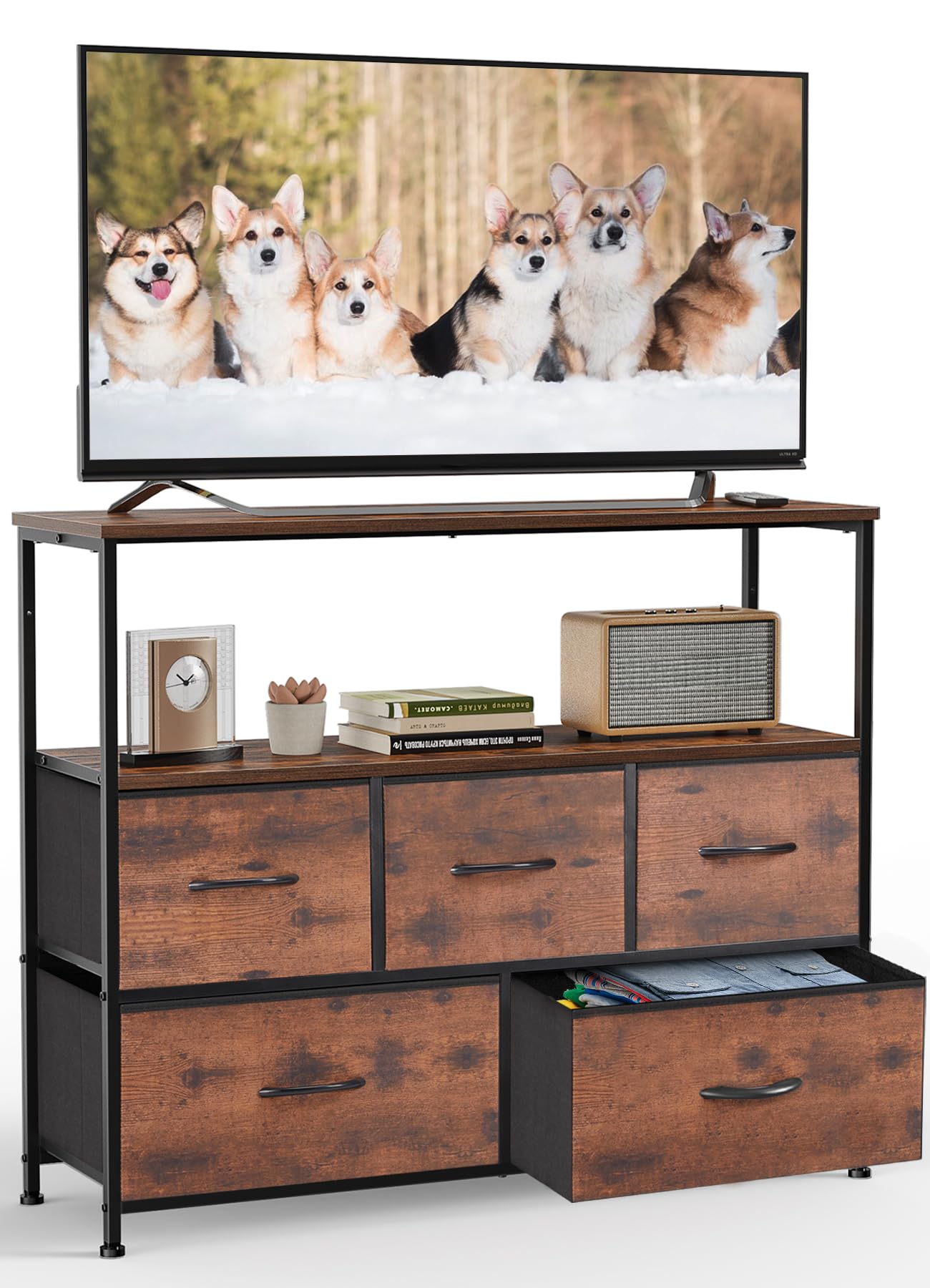 DUMOS TV Stand Dresser for Bedroom Entertainment Center with 5 Fabric ...