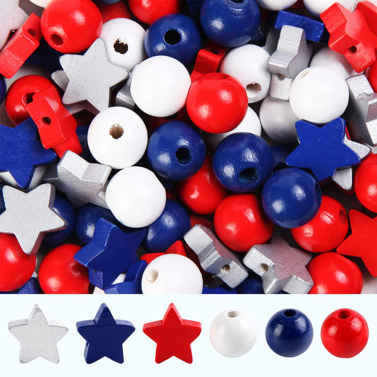 180 Pieces Patriotic Wooden Beads Independence Day Garland Supply Red ...