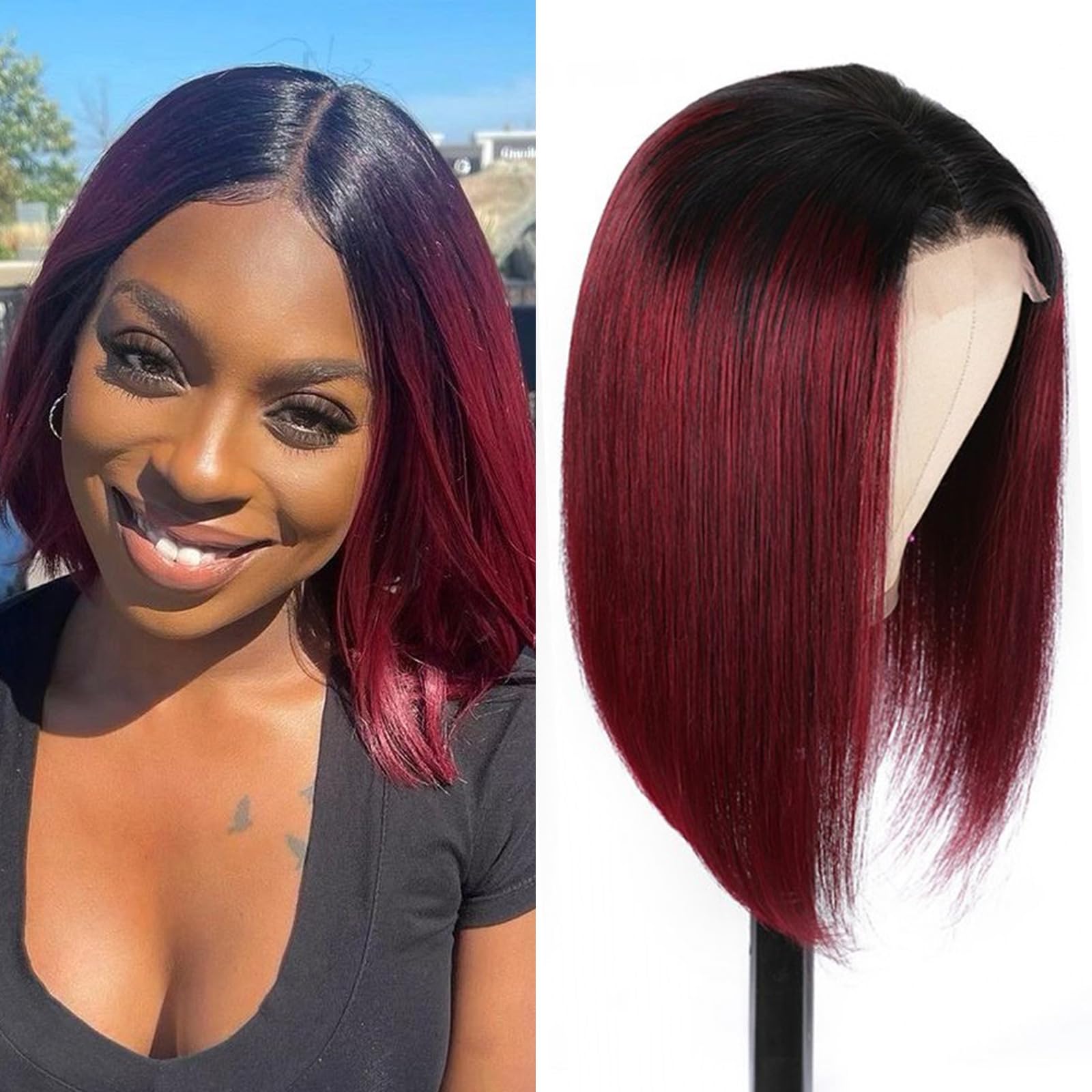 DÉBUT Short Bob Wigs 1B Burgundy Lace Front Wigs Human Hair Middle Part ...