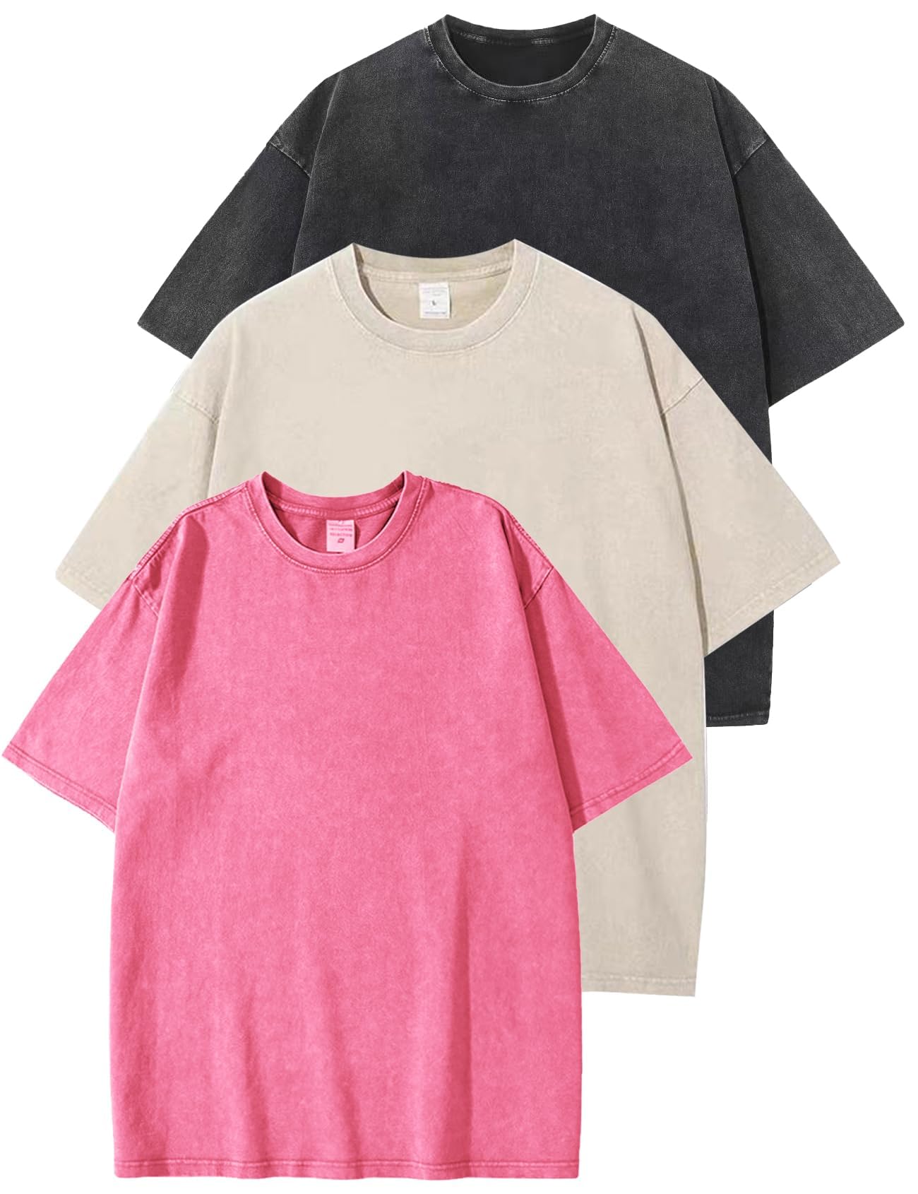 Flygo 3 Pack Men Oversized T Shirts Acid Washed Unisex Tee Loose Fit Short Sleeve Casual ...