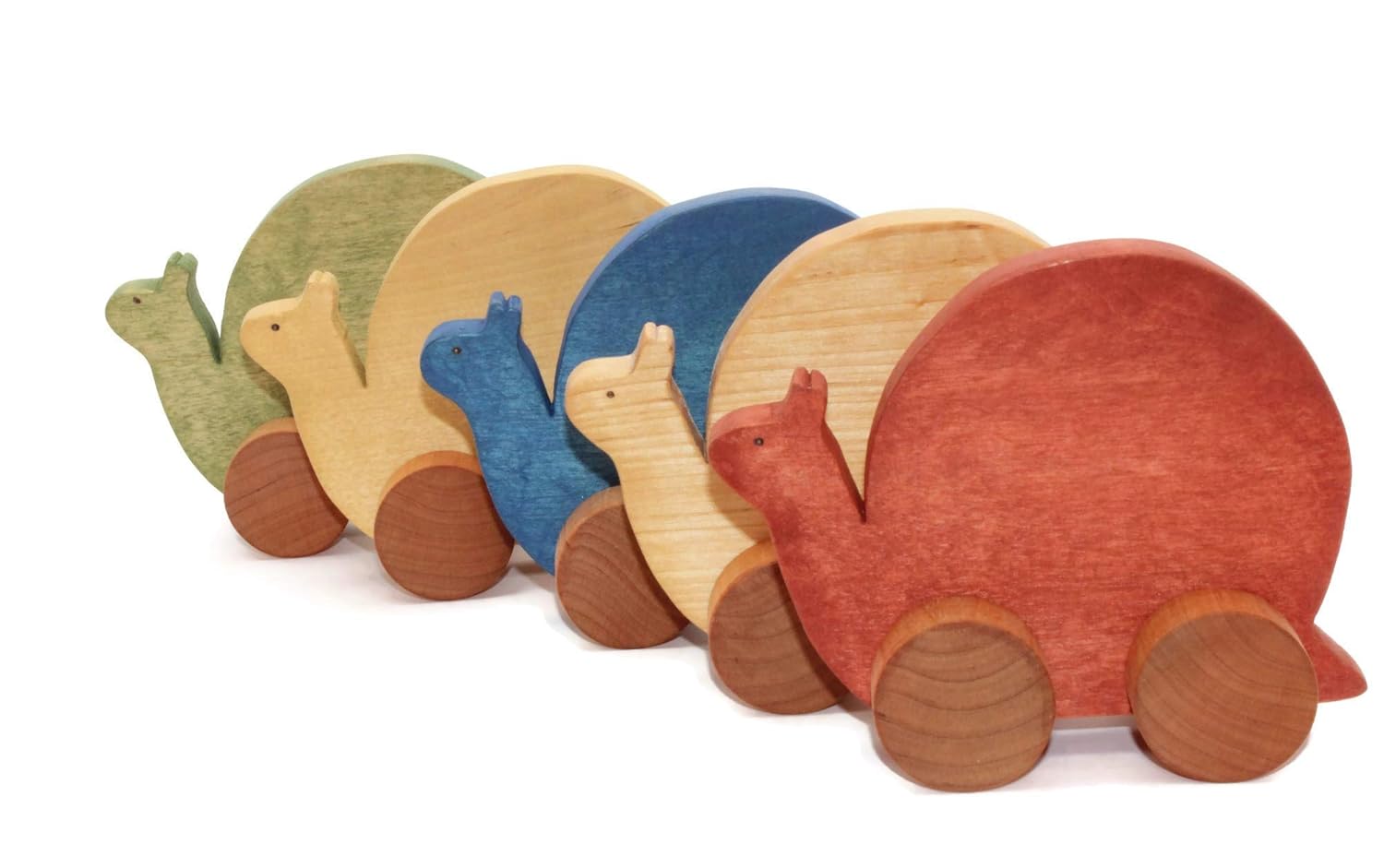 Wood toy snail on wheels. Wooden toys. Animal. Red blue yellow green ...