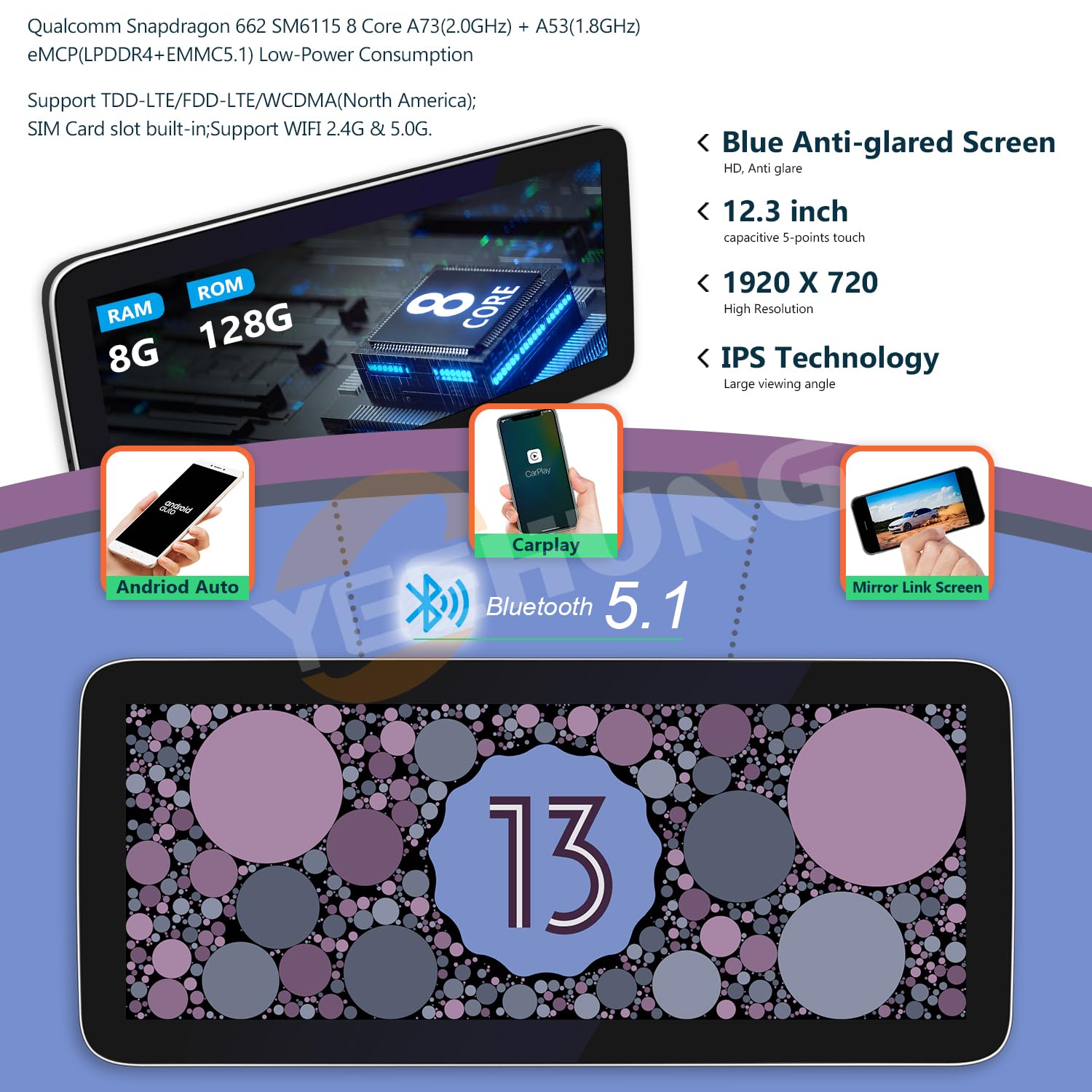 Mua W166 X166 Android 13 12.3" Blue Anti-glared HD Touch Display Screen ...