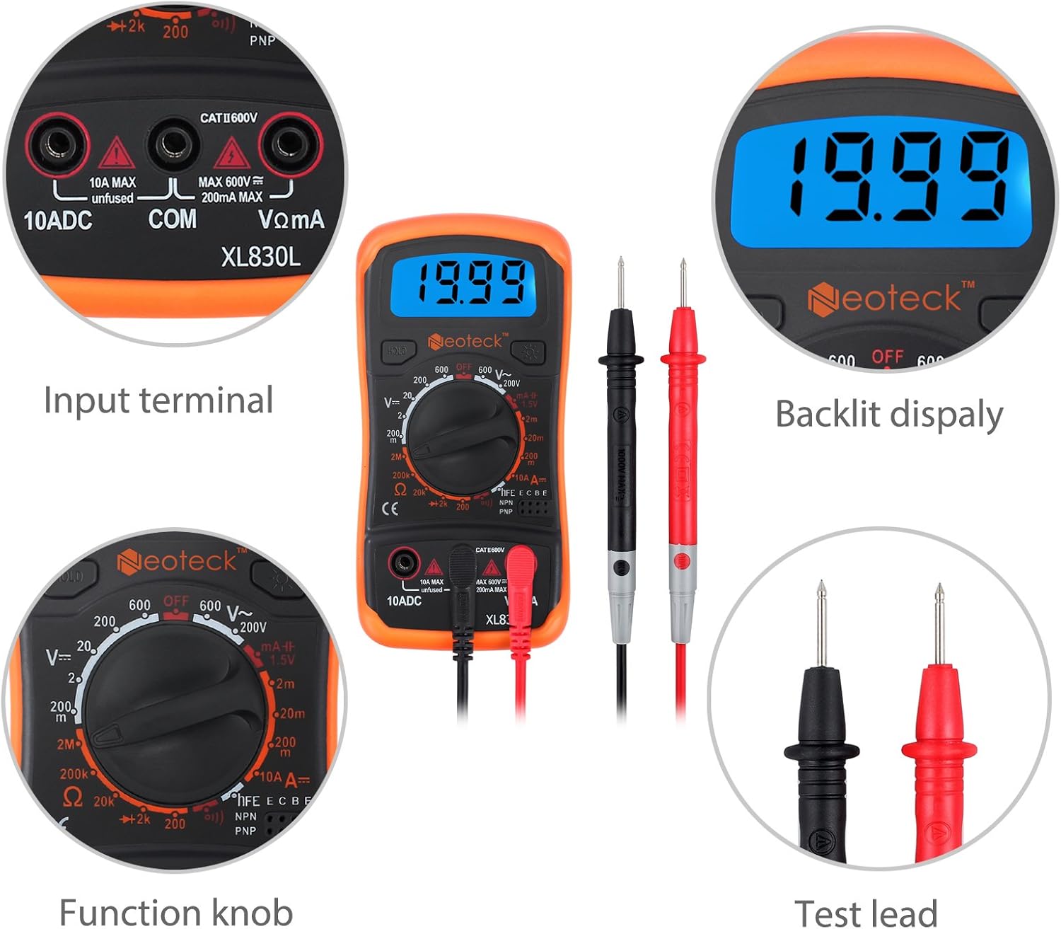 Neoteck Mini Digital Multimeter with Manual Range AC, DC, Voltage, DC ...