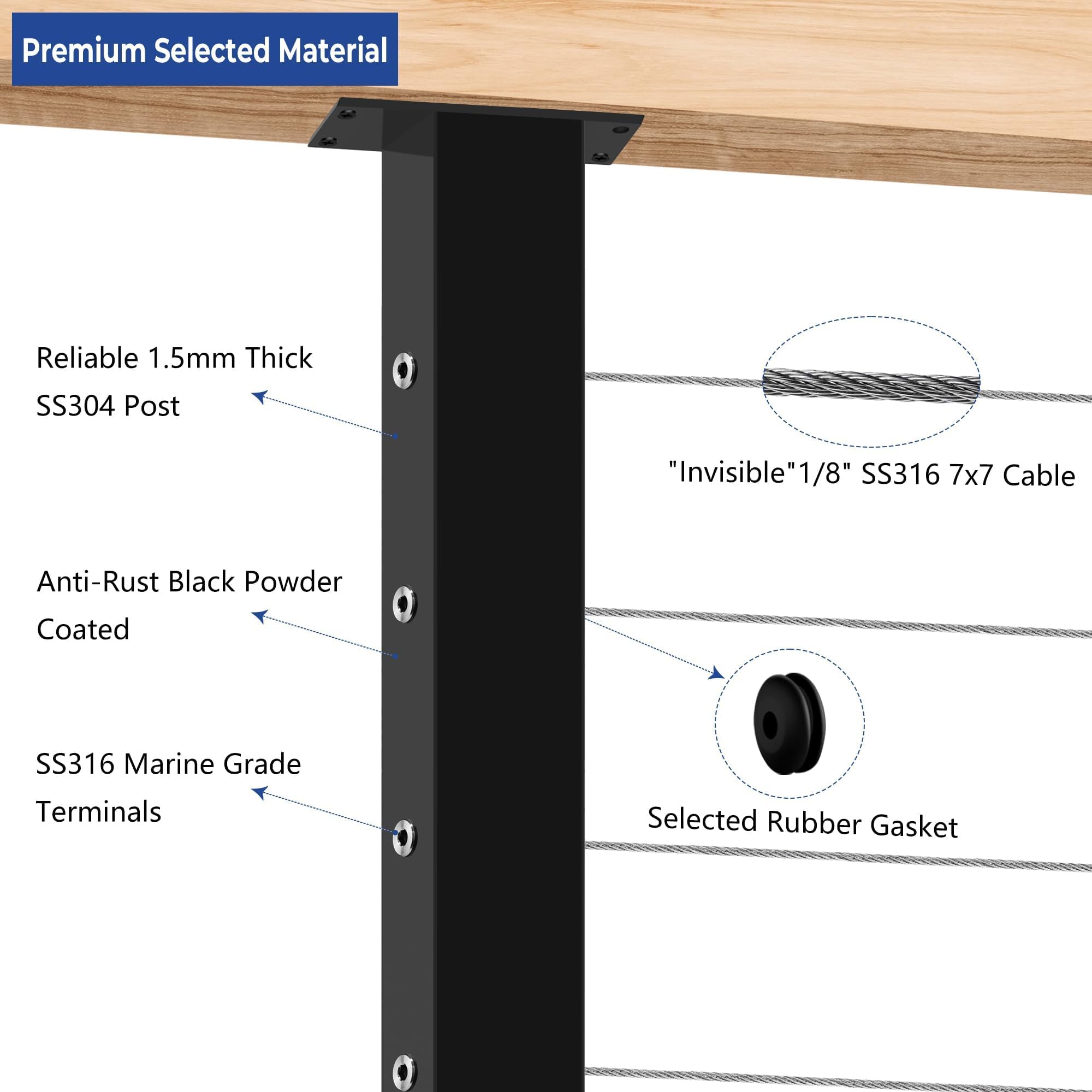 Gyykzz 36" Corner Cable Railing Post (Post 35"x2"x2"), 90° Drilled ...