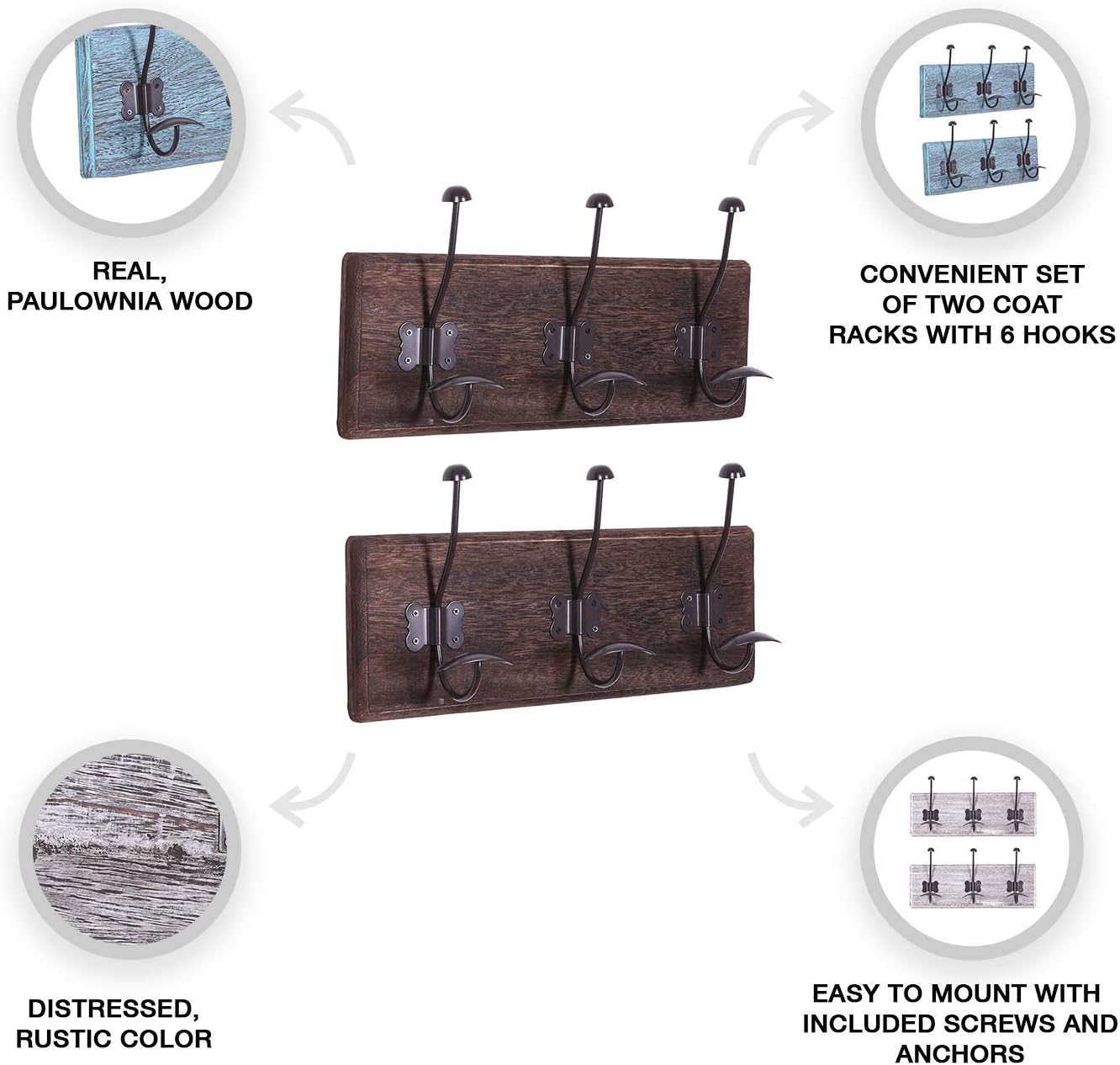 Rustic Wall Mounted Coat Rack with 3 Sturdy Hooks – Set of 2 – Vintage ...