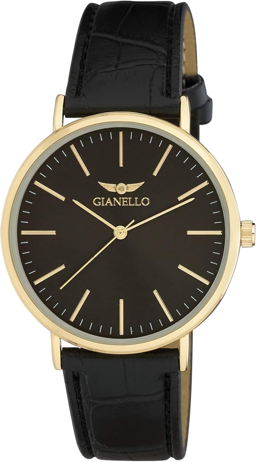 Gianello GNL7714YG Unisex Gold Case Sleek Black Leather Strap Watch ...