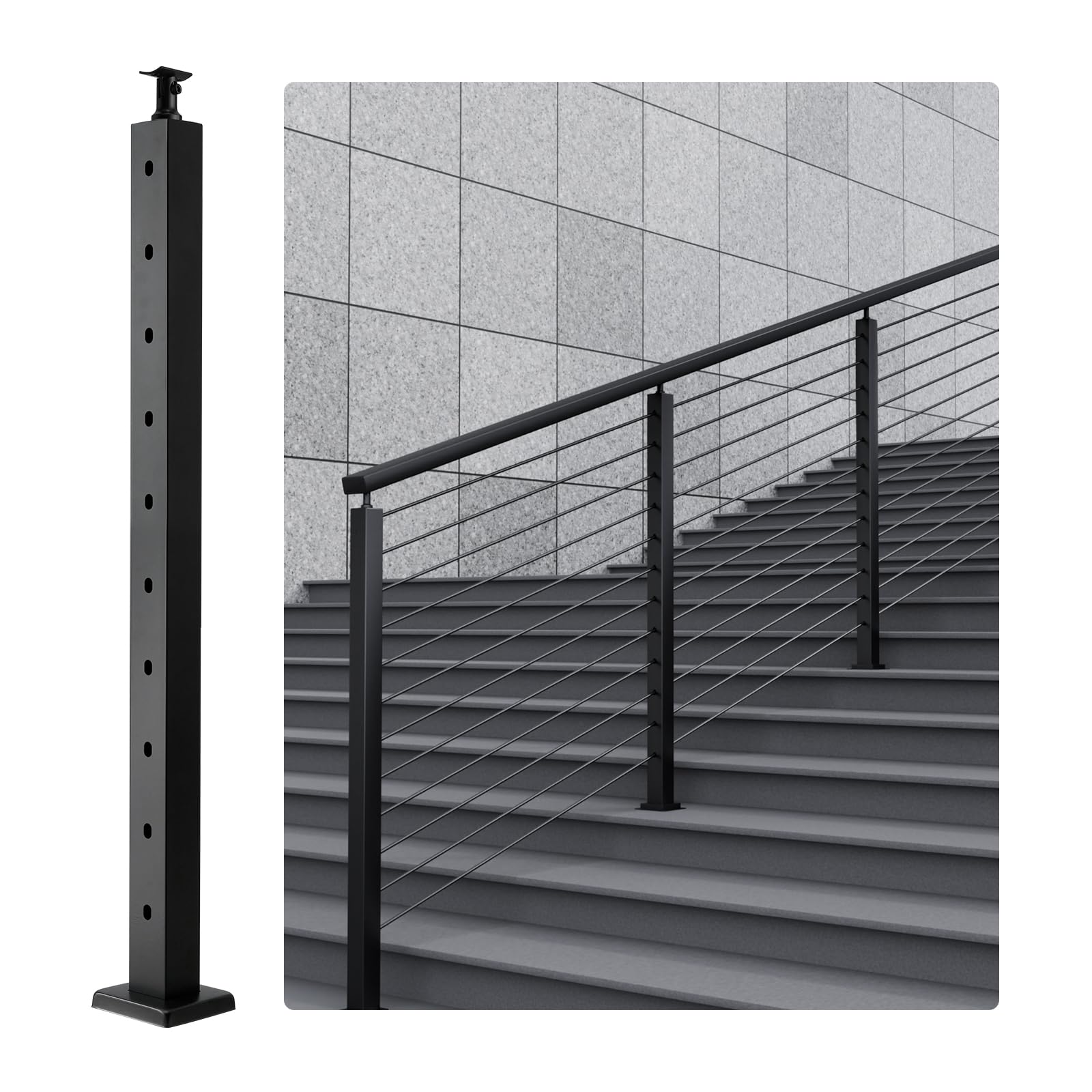 VEVOR Cable Railing Post, 36" x 2" x 2" Steel 30° Angled Hole Stair ...