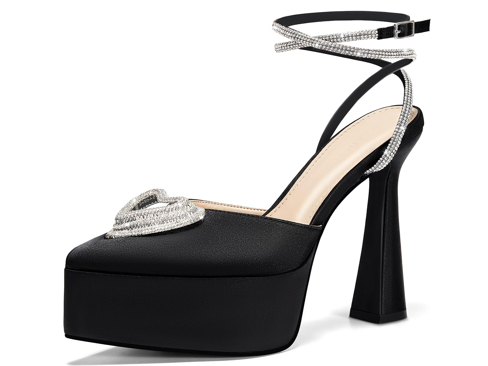 Coutgo Womens Platform High Chunky Heels Rhinestone Triple Heart ...