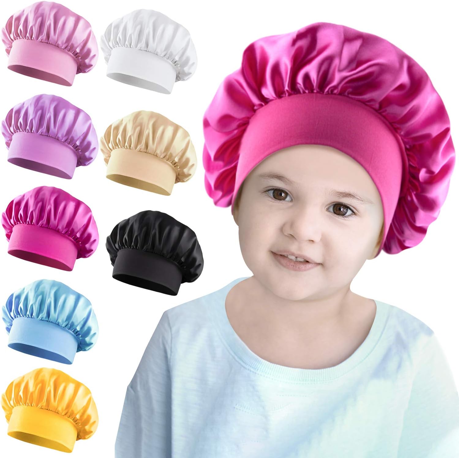 Duufin 8 Pieces Kids Satin Bonnet Sleep Cap Wide Band Sleeping Hair ...