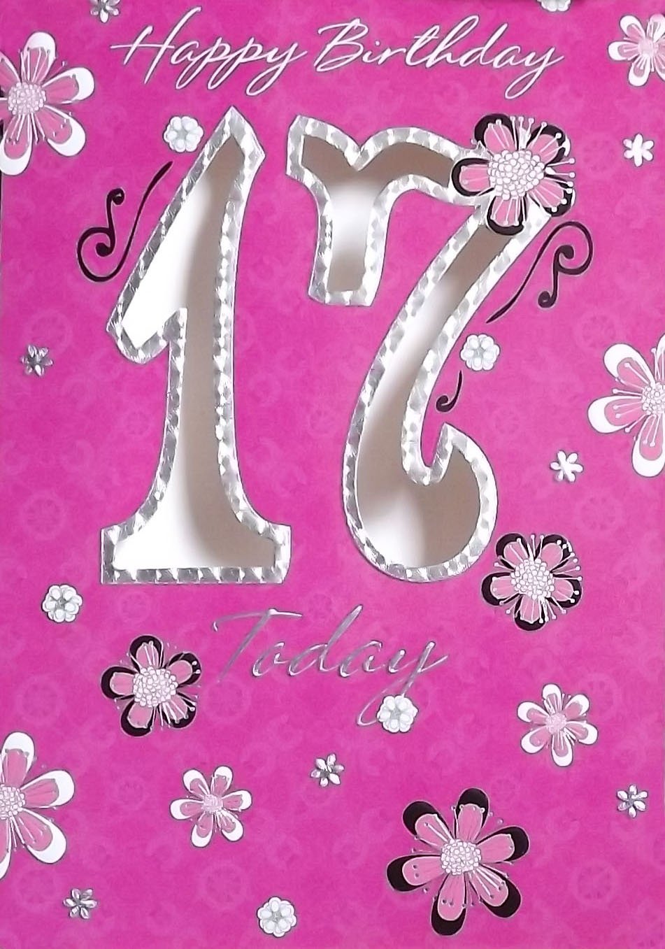 Girls Pink & Silver "Happy Birthday 17 Today" Birthday Greetings Card ...