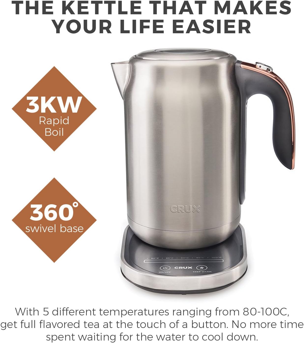 Crux CRUX009 Digital Touch Cordless Kettle-5 Temperature Settings-Easy ...